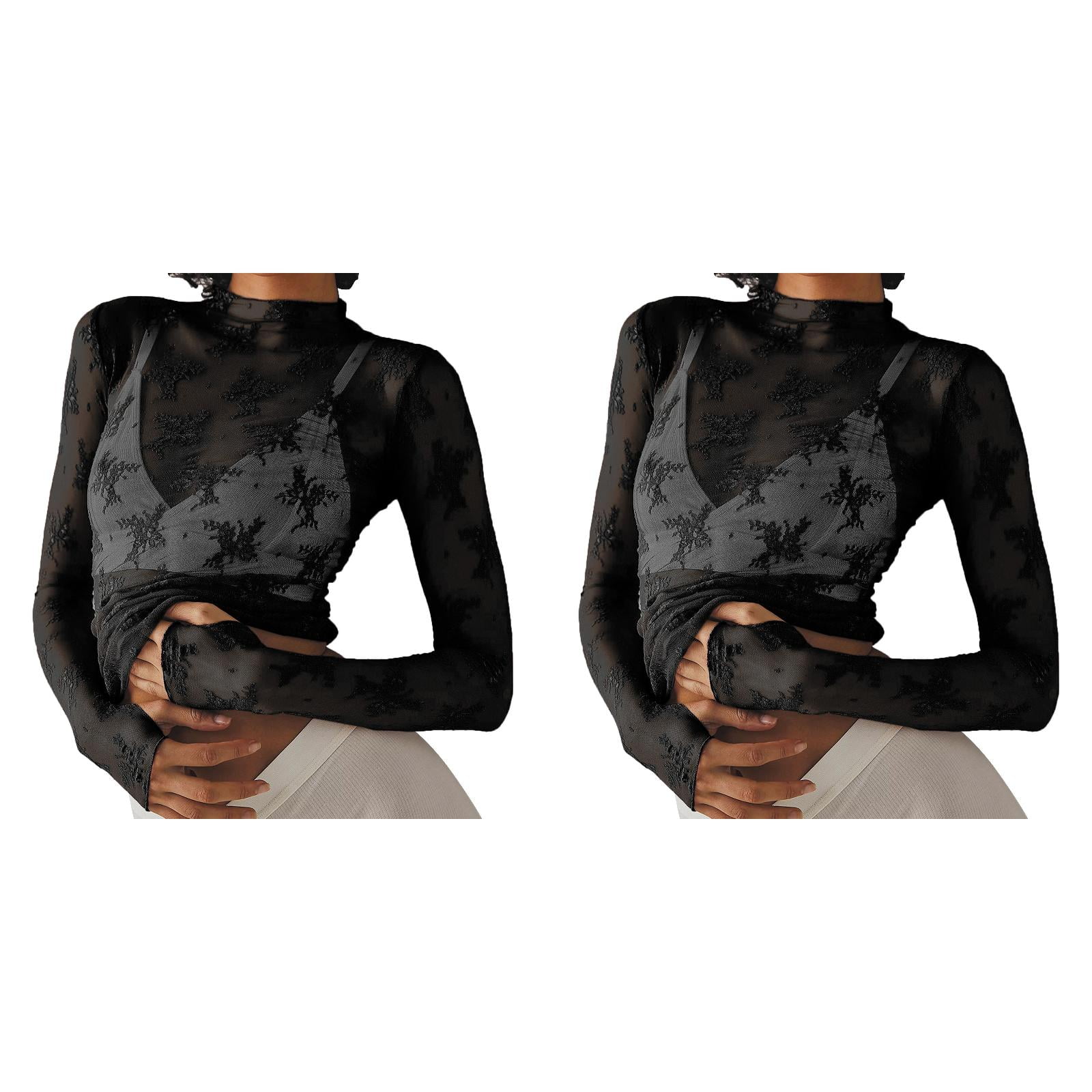 2 Pack,Mesh Long Sleeve Layering Top For Women Neck Floral Embroidery ...