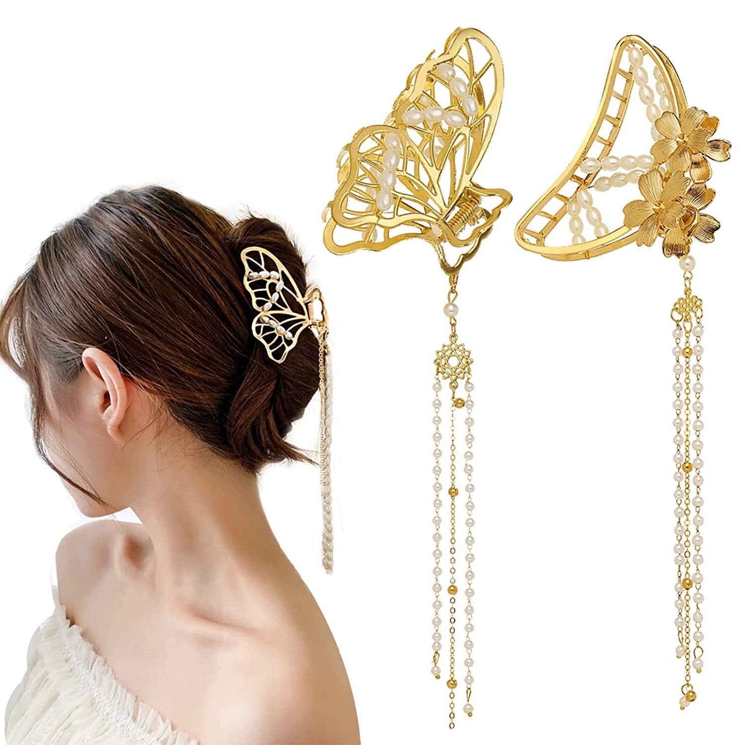 2 Pack Metal Big Gold Butterfly Hair Clips with Pearl Clamp Tassel ...