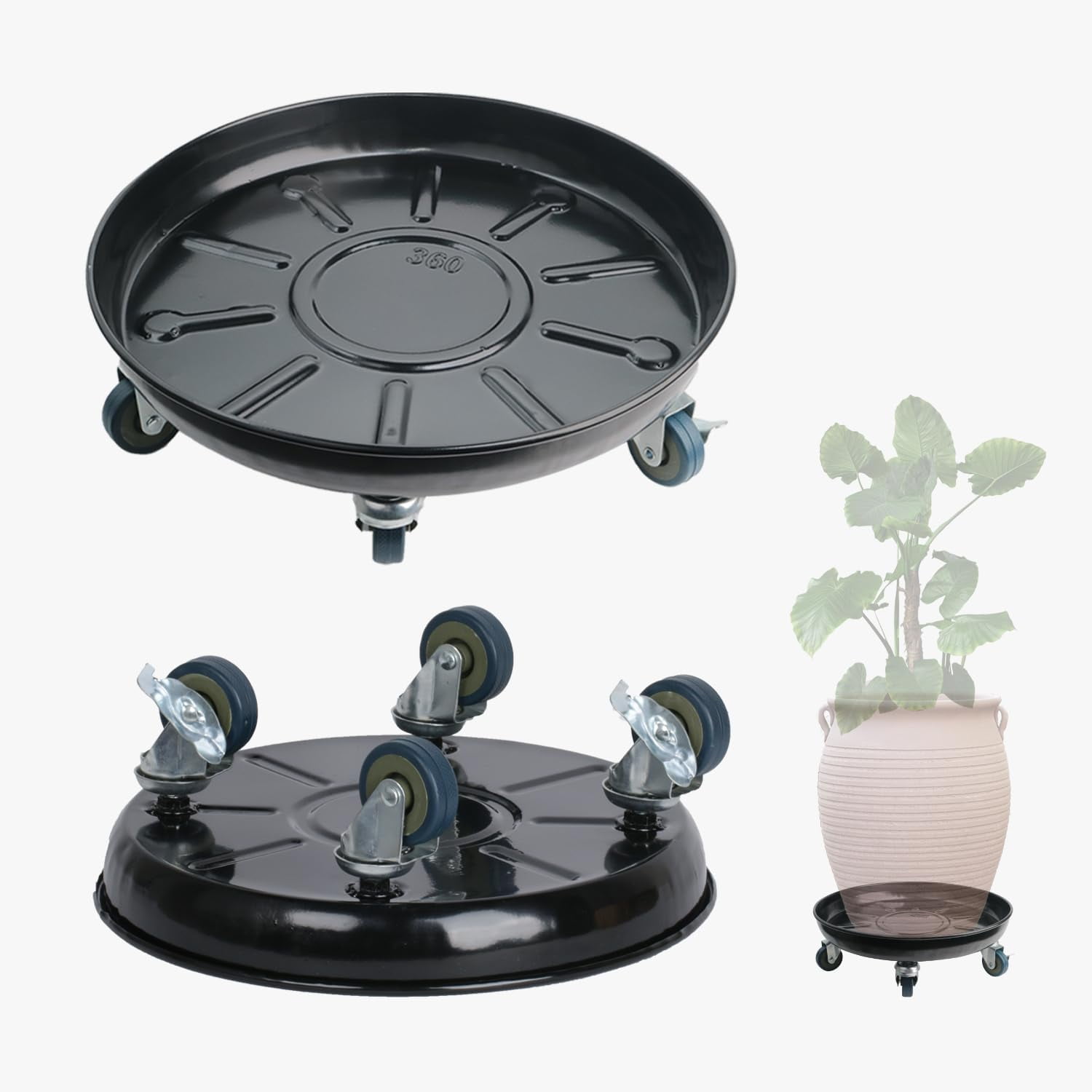 2 Pack Metal Plant Caddy With Wheels 12 Inch Black, Round Rolling Heavy ...
