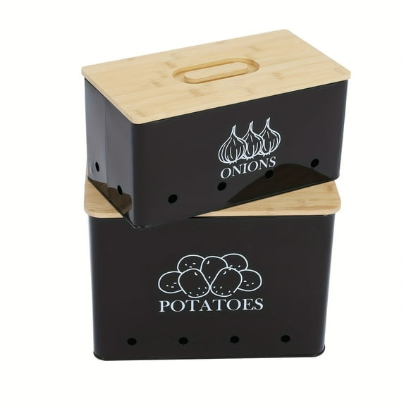 2 Pack Metal Potato and Onion Storage Canisters with Bamboo Lid ...