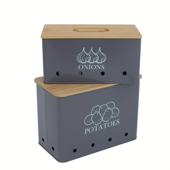 2 Pack Metal Potato and Onion Storage Canisters with Bamboo Lid ...