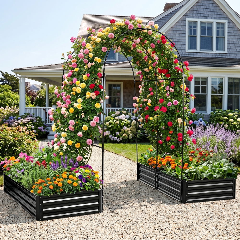 2 Pack Metal Raised Garden Bed with Arch Trellis Outdoor Elevated ...