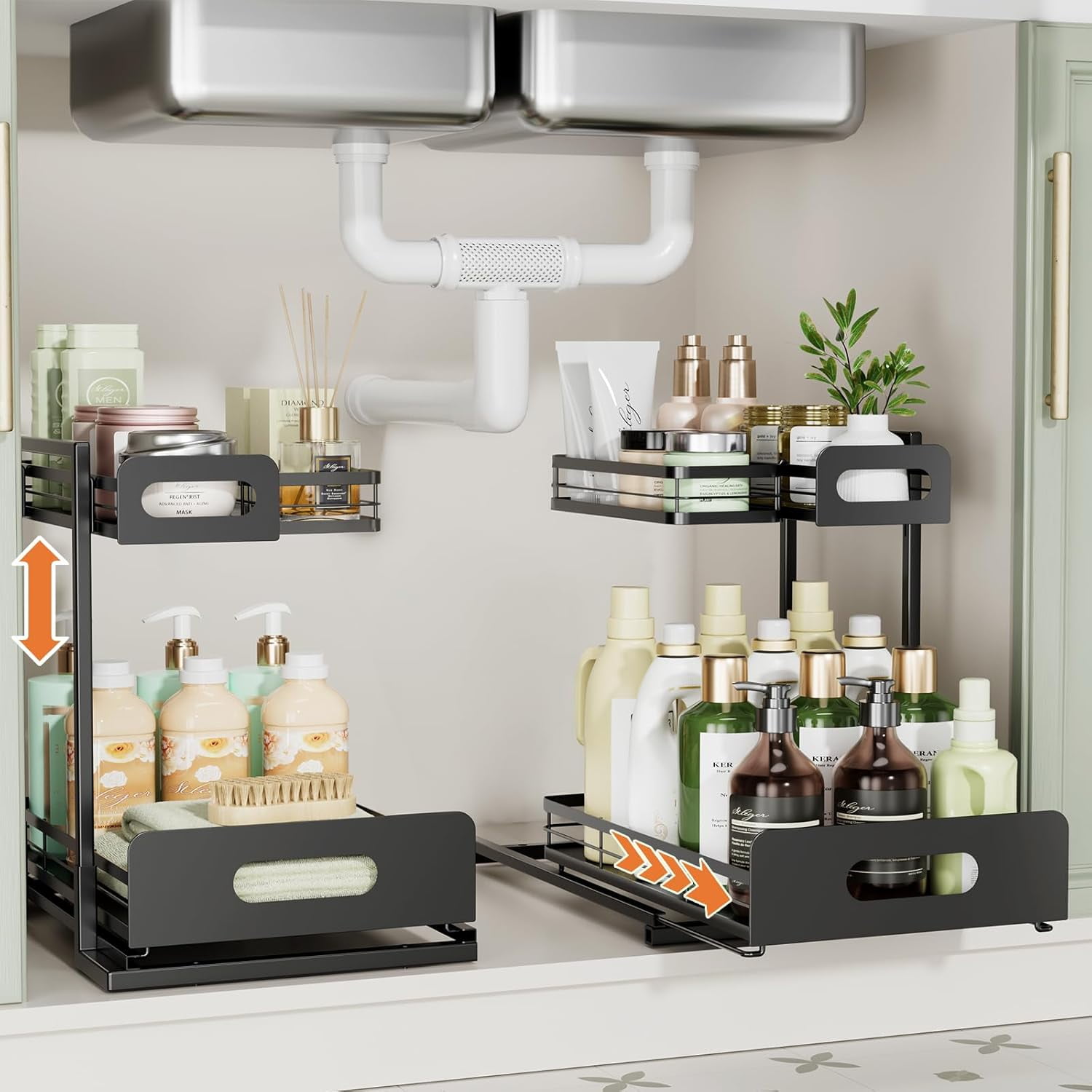 2 Pack Metal Under Sink Organizers with 2 Small Baskets, 2 Tier Pull ...