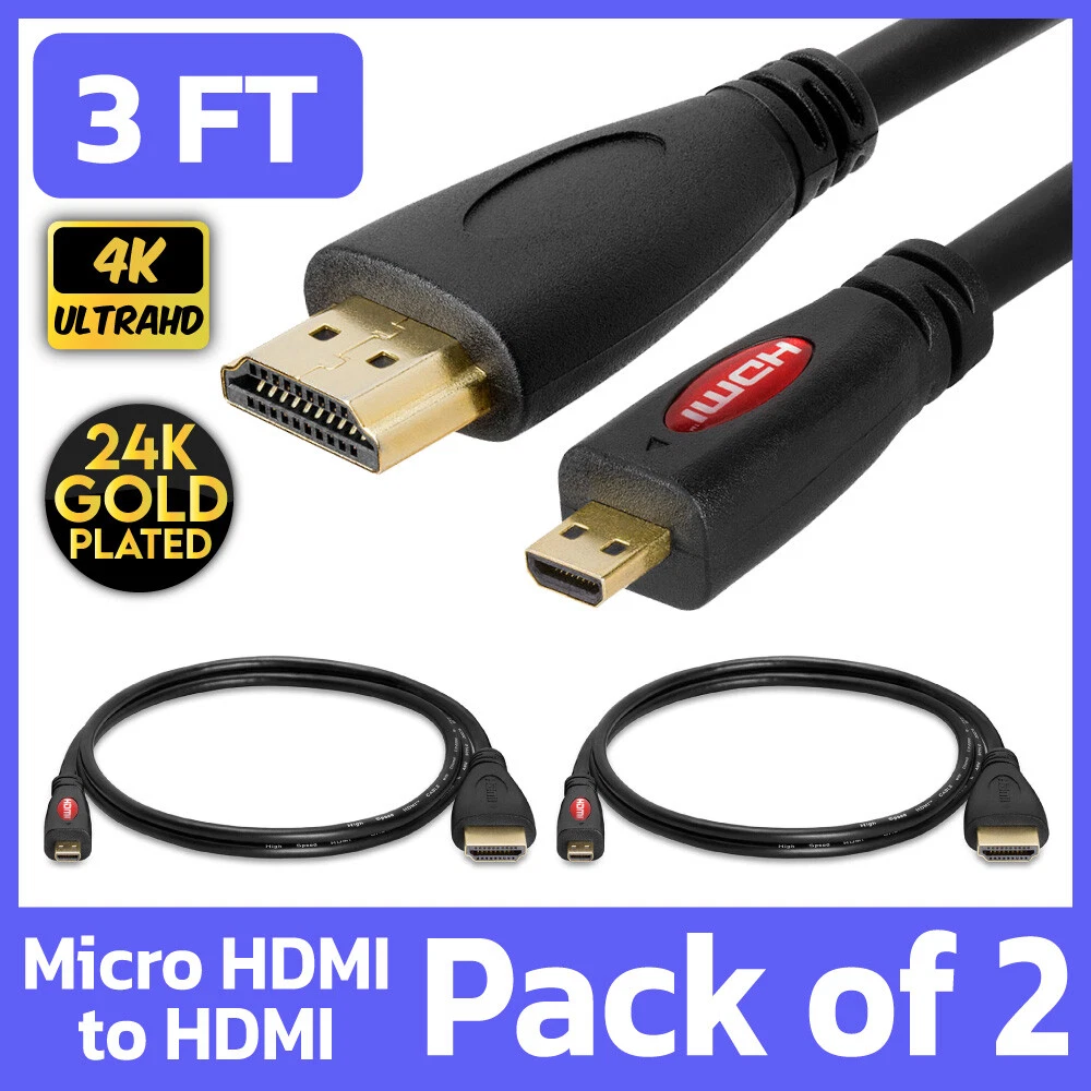 2 Pack Micro Hdmi To Hdmi Cable 3 Ft Raspberry Pi 4K Tv Camera Sony ...