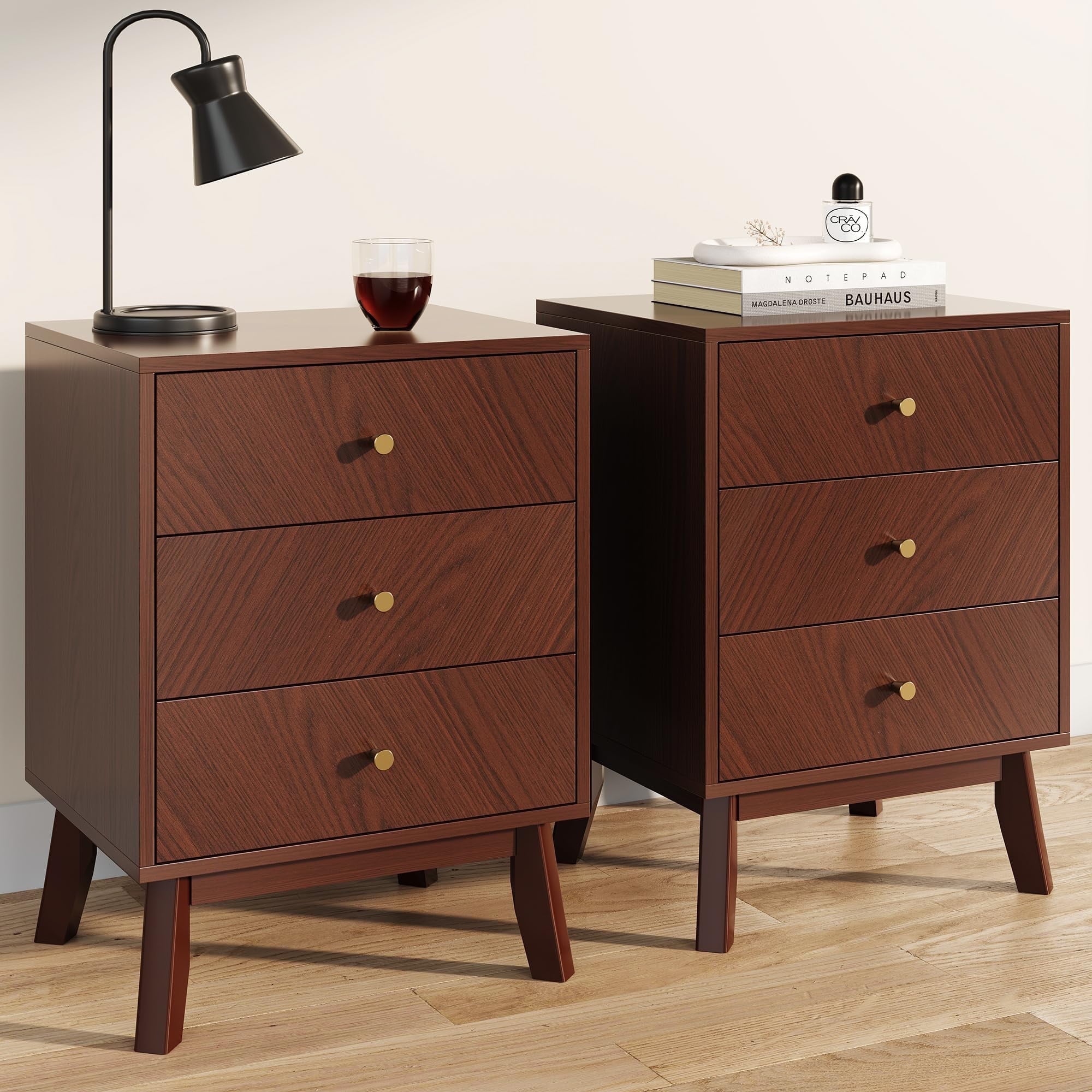 2 Pack Mid-Century Nightstand with 3 Drawers, 26" Tall Red Walnut Bedside Table for Bedroom or ...