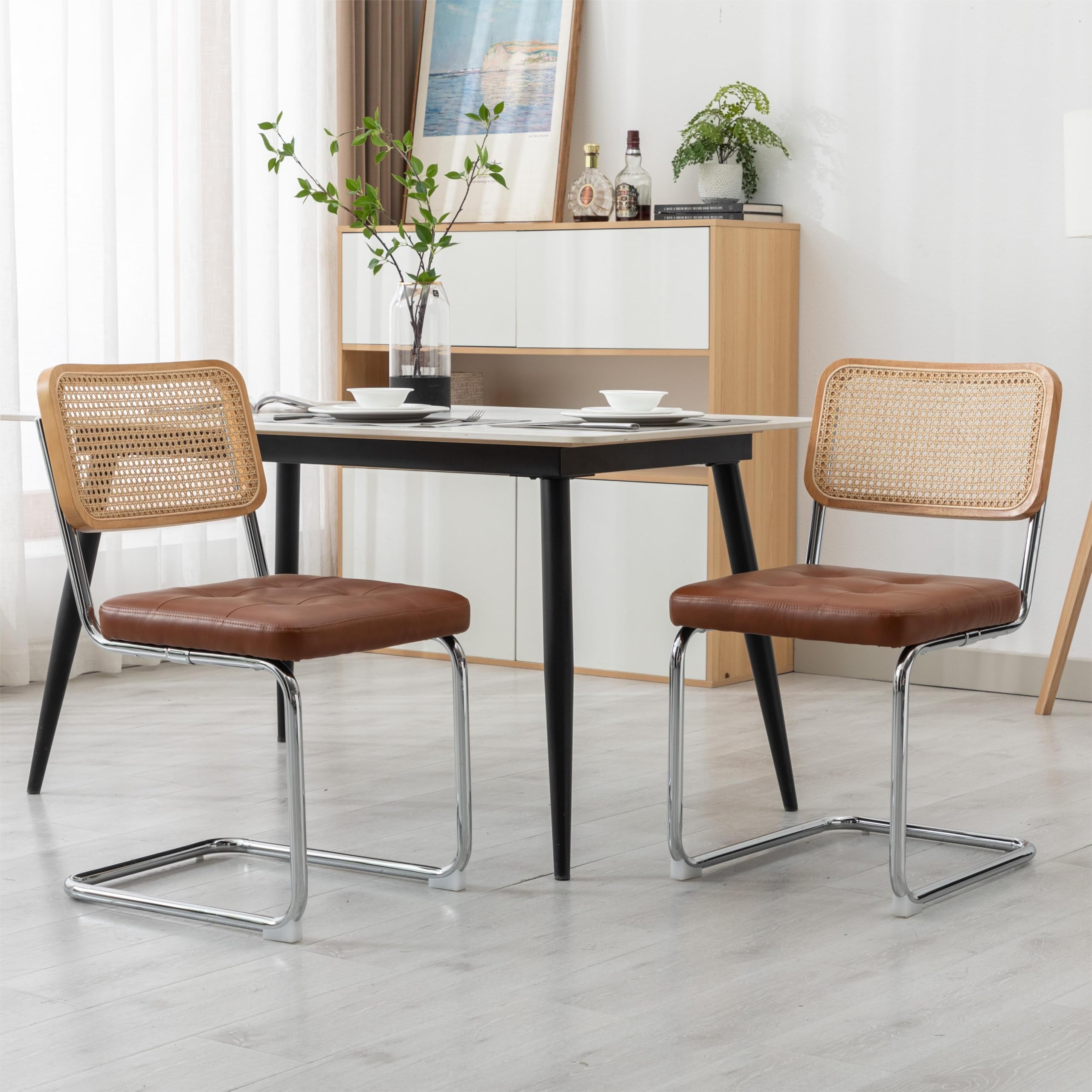2 Pack Mid Century Style Dining Chairs, Faux Leather Padded Seat and ...