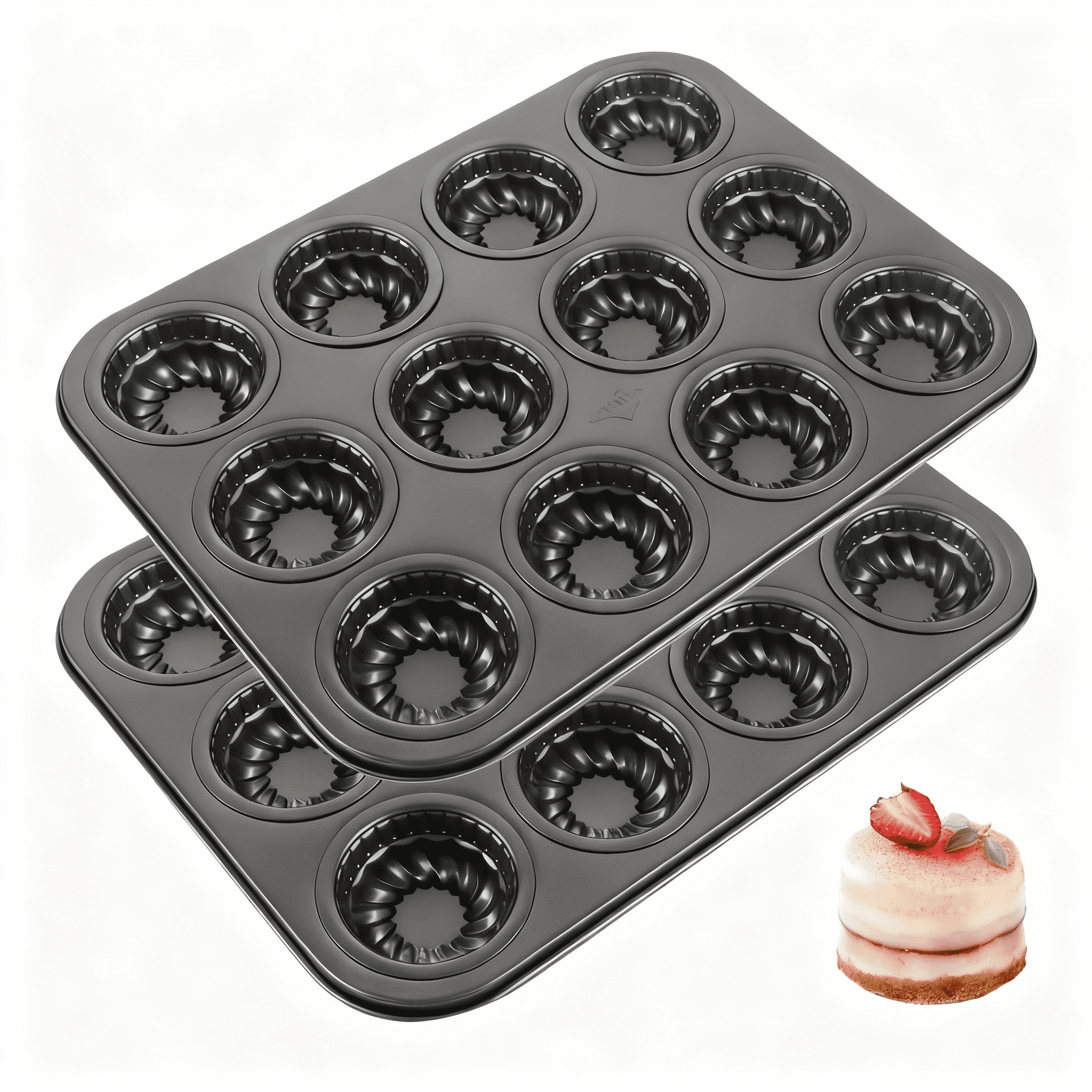 2 Pack Mini Bundt Cake Pans Set, Nonstick 12-Cavity Fluted Baking Mold ...