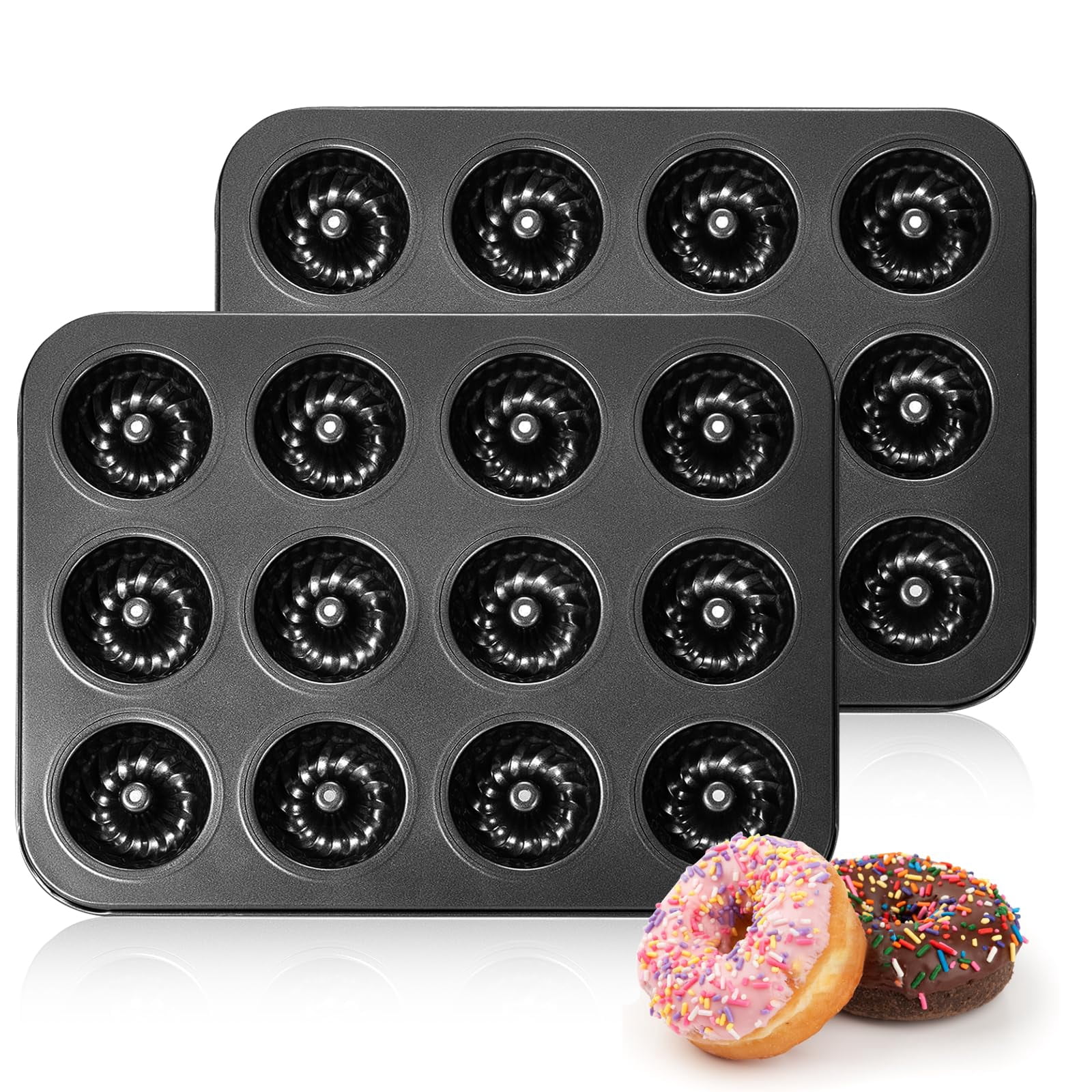 2 Pack Nonstick Mini Bundt Cake Pans, Carbon Steel 12-Cavity Fluted ...