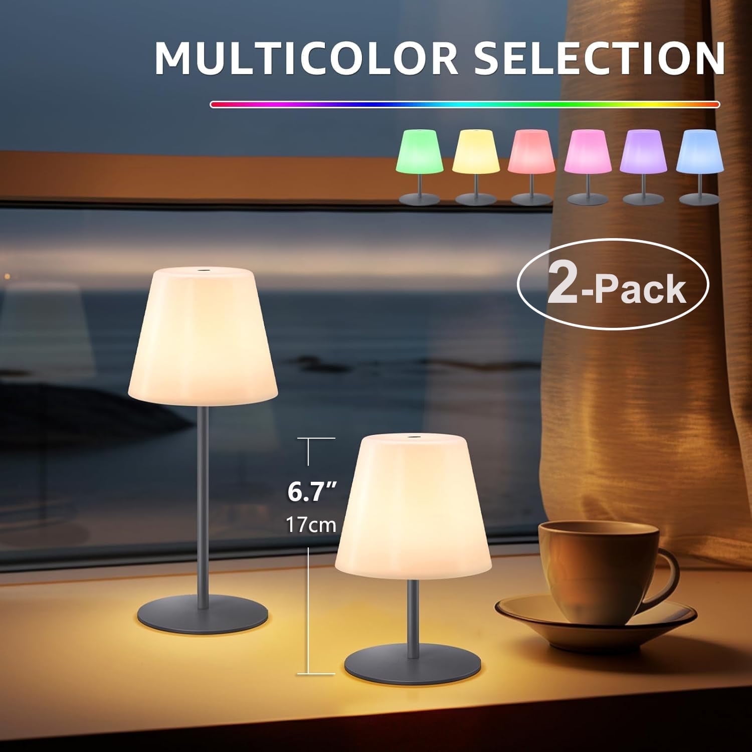 Postlucky 2-Pack 6" Touch LED Table Lamps Rechargeable, 8-color ...