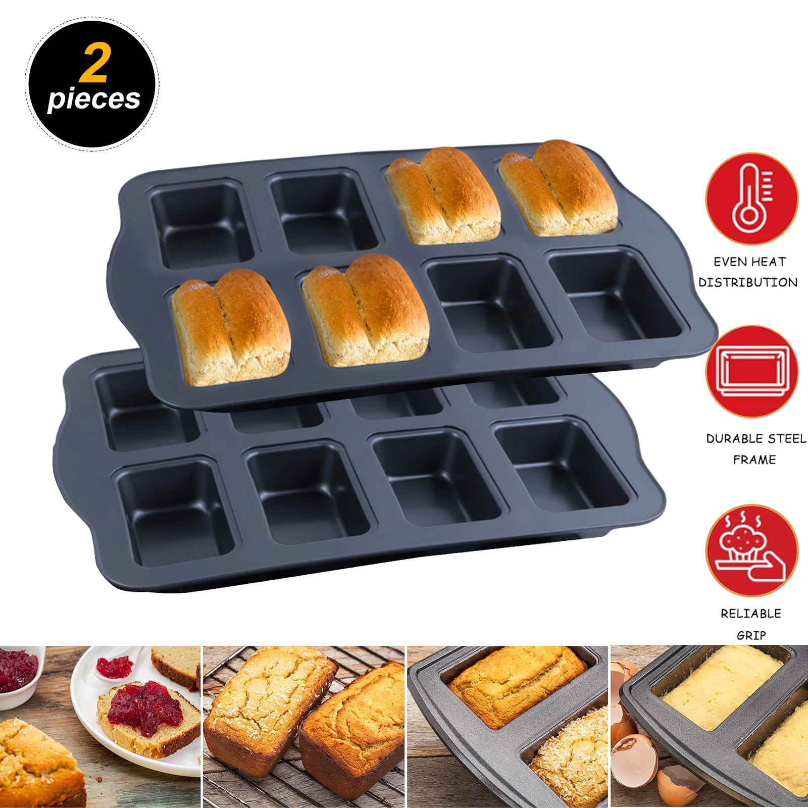 2 Pack Mini Loaf Baking Pans 8-Cavity, Nonstick Small Cornbread Pan ...