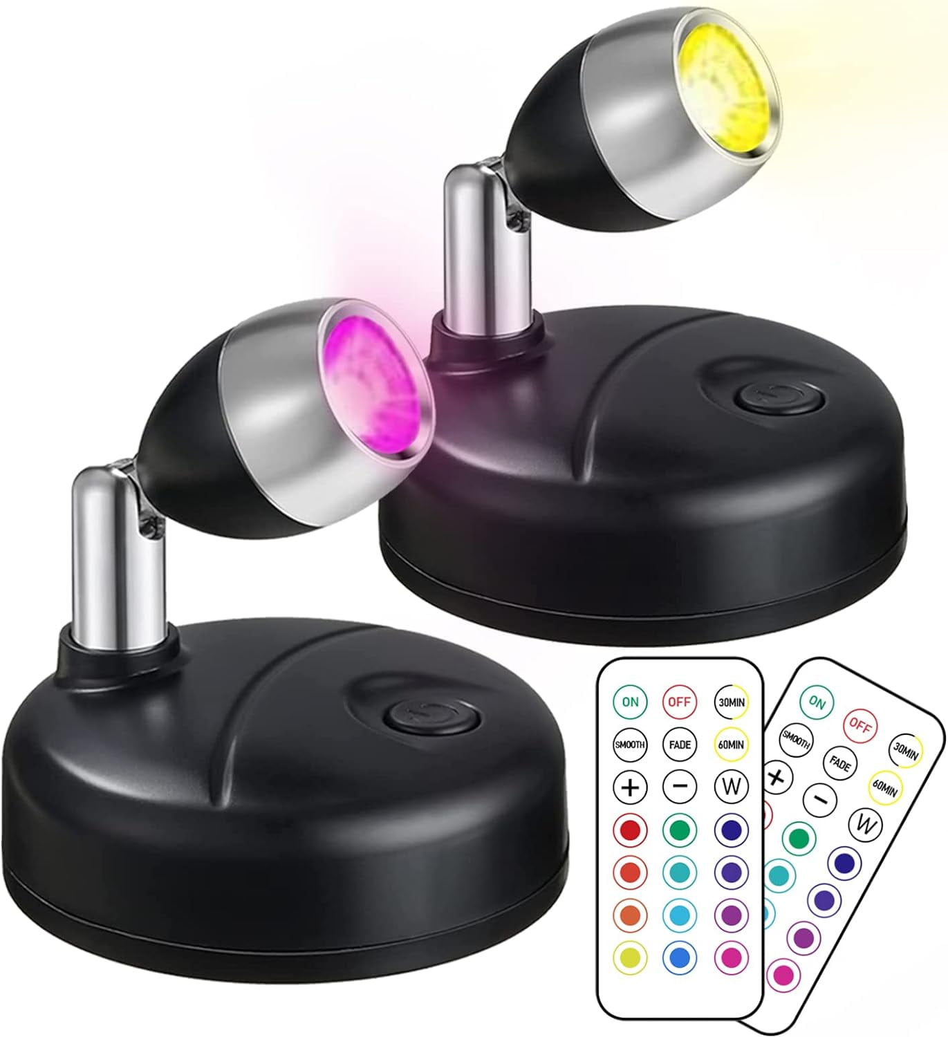 2 Pack Mini RGB Battery Spotlights Indoor with Remote Control Wireless ...