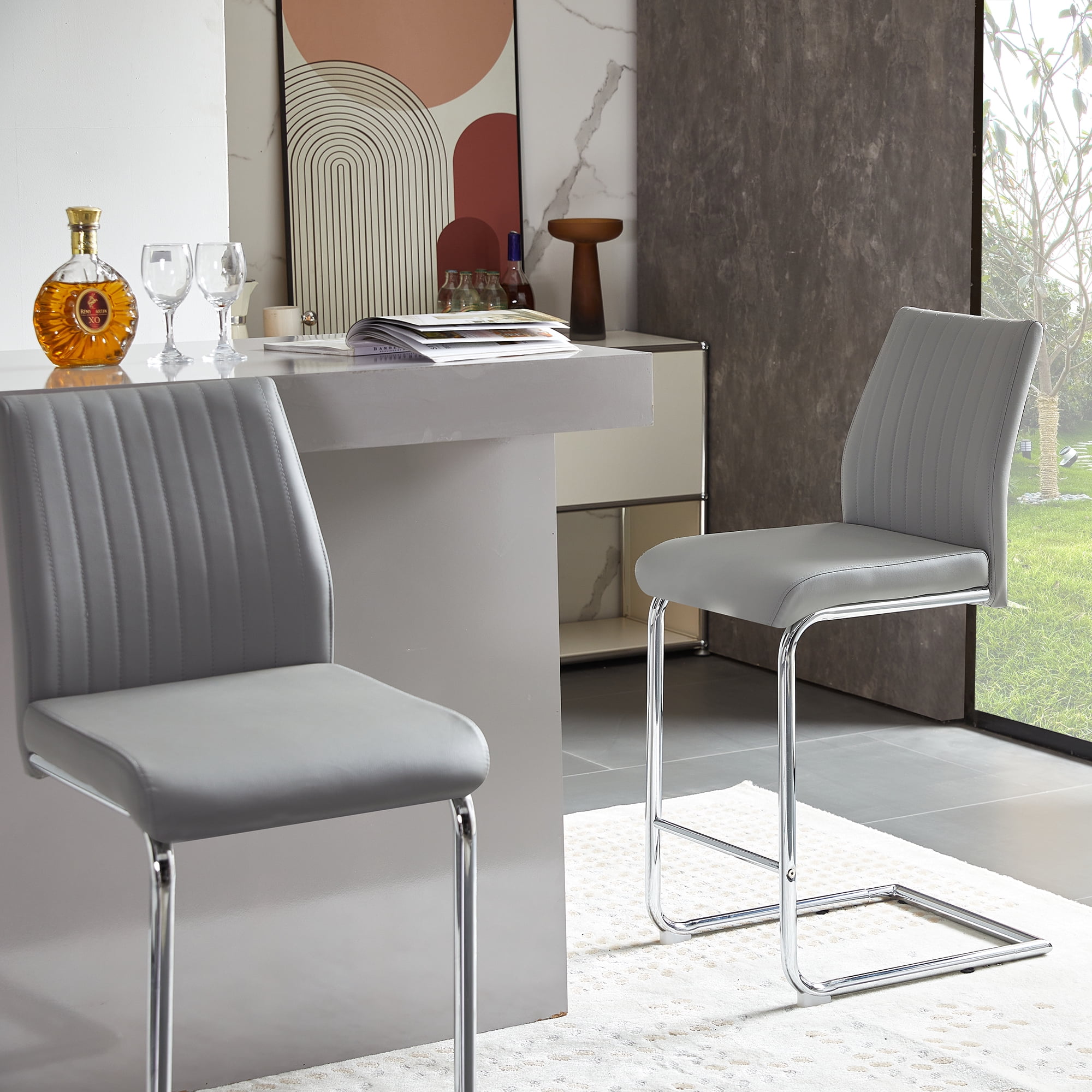 2-Pack Modern Grey PU Leather Bar Stools - Chrome Metal Pipe, Kitchen ...