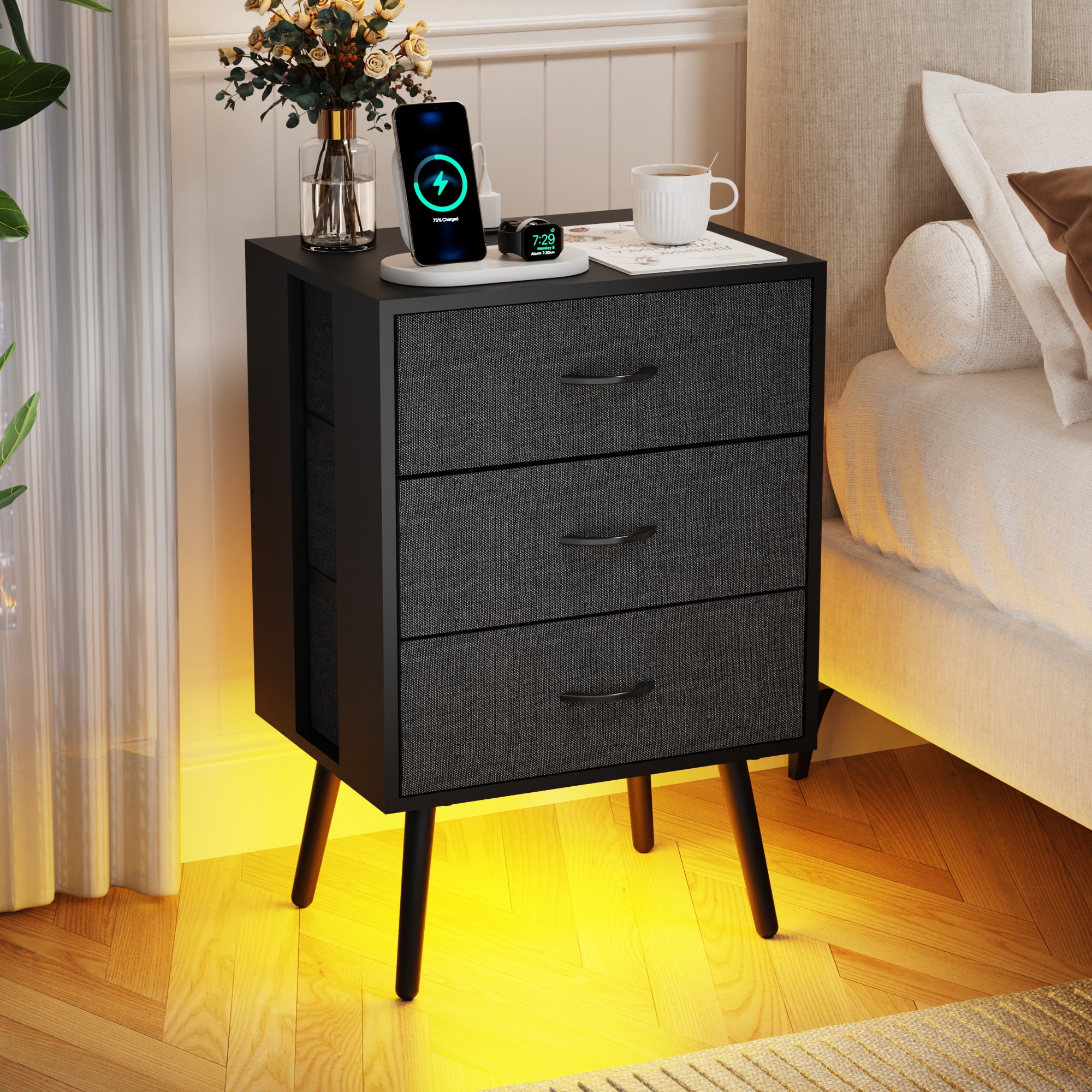 2 Pack Modern Nightstand with Charging Station, LED Bedside Table with ...