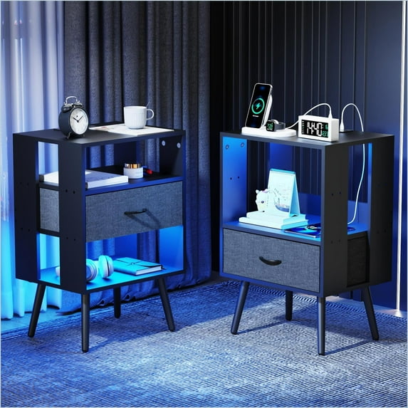 2 Pack Modern Nightstand with Charging Station, LED Light & Fabric ...