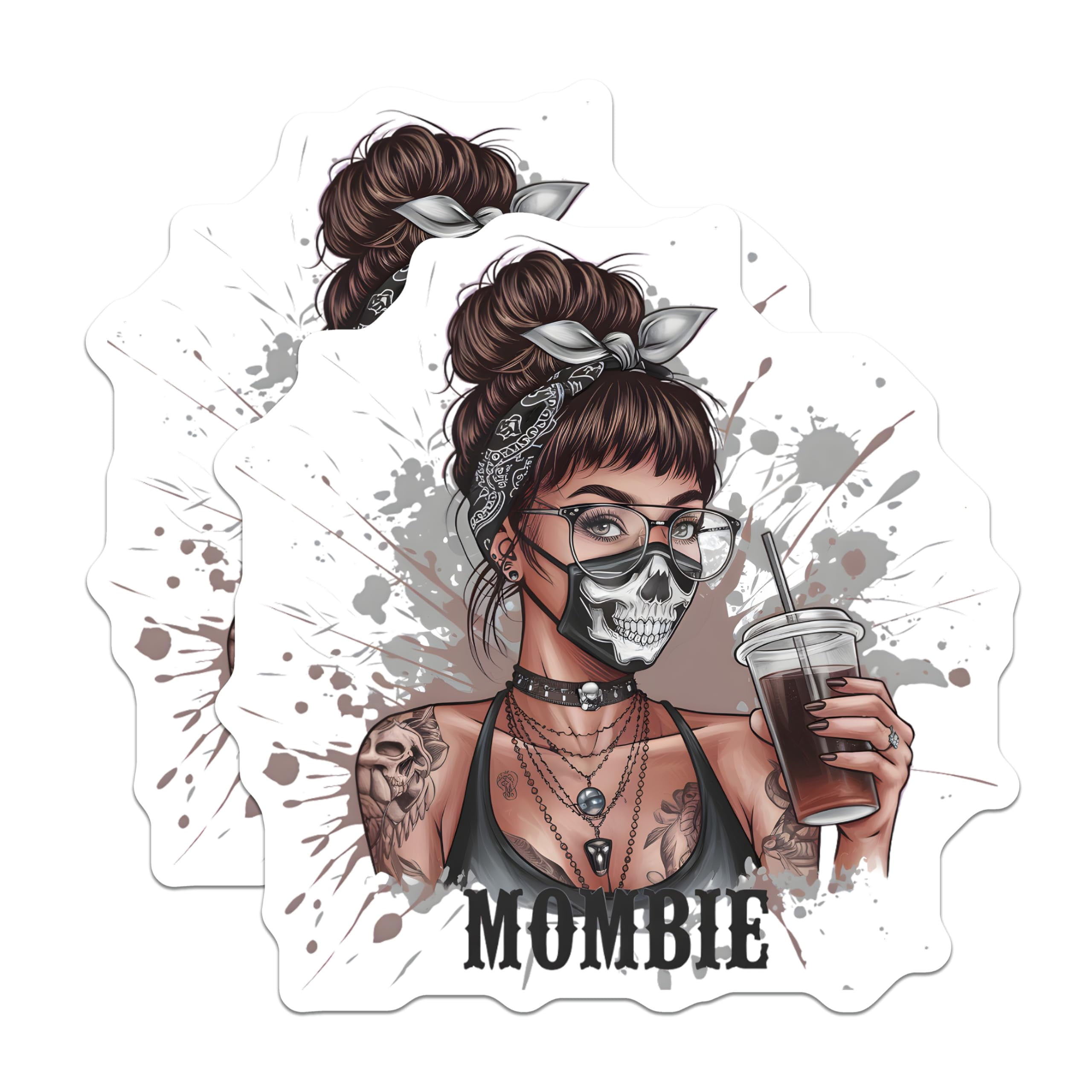 (2 Pack) Mombie Stickers - Messy Bun Mama - Iced Coffee Skull Mask ...