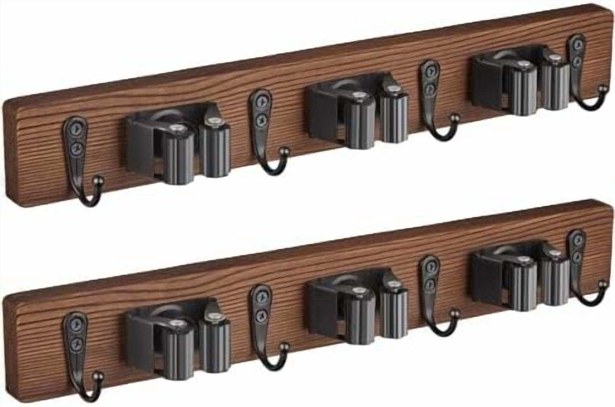 2 Pack Mop Broom Holder Wall Mount with 3 Slots & 4 Hooks - Rustic Wood ...