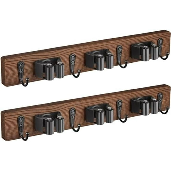 2 Pack Mop Broom Holder Wall Mount with 3 Slots & 4 Hooks - Rustic Wood ...