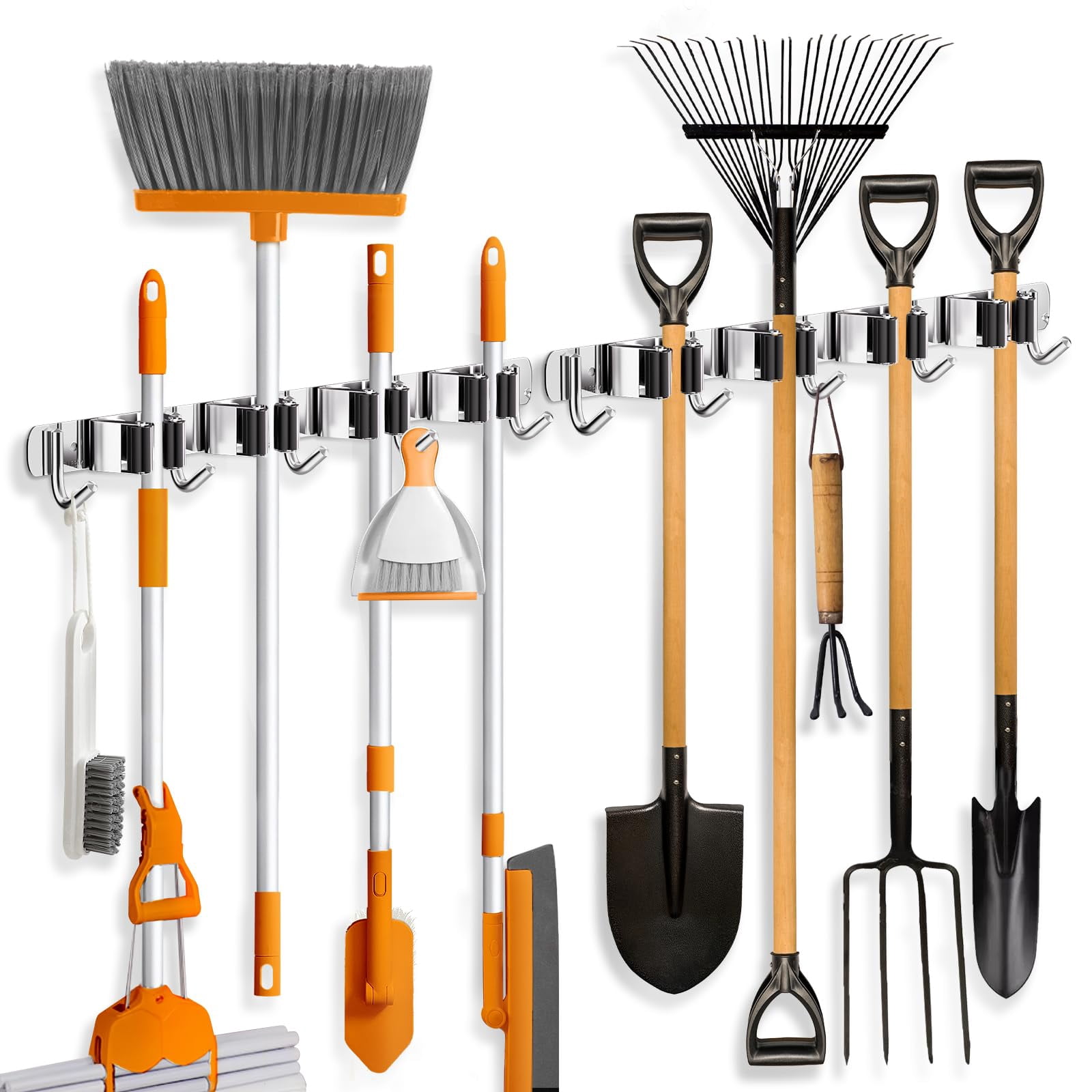 2 Pack Mop Broom Holder Wall Mount 4 Racks And 5 Hooks Organizer ...