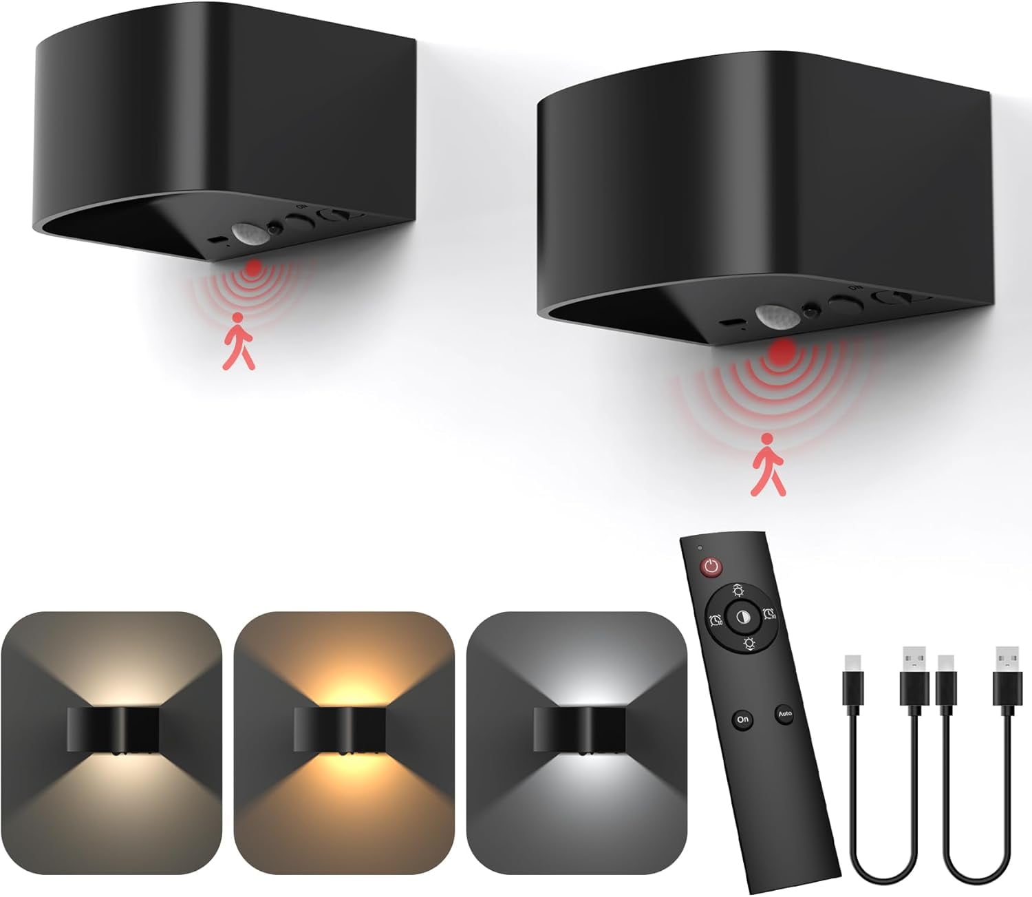 2 Pack Motion Sensor Wall Lamp with Remote Control, 3-Color Wireless ...