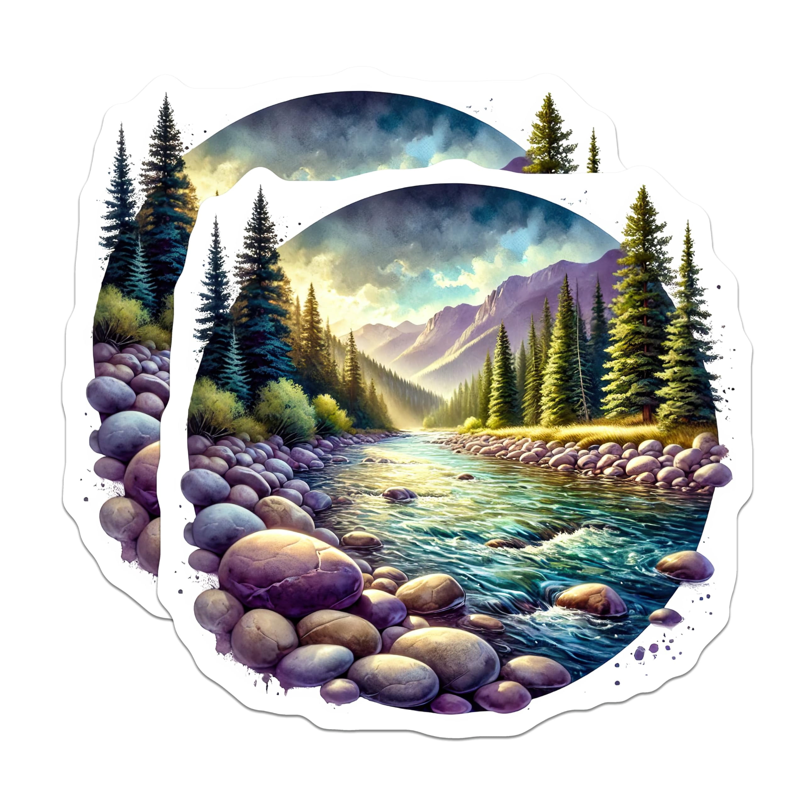 (2 Pack) Mountain River Stickers - Forest Landscape - Nature Stickers ...