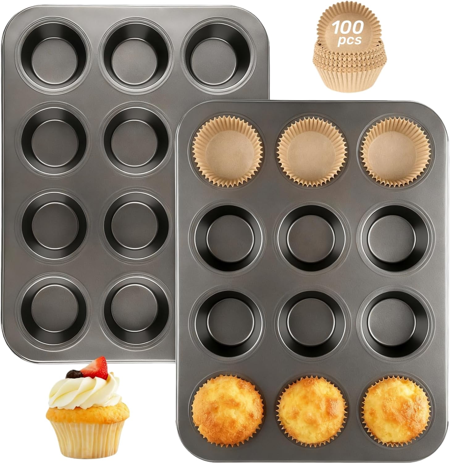2 Pack Muffin Pan with 100 Cupcake Liners, 12 Cup Nonstick Cupcake Pan ...