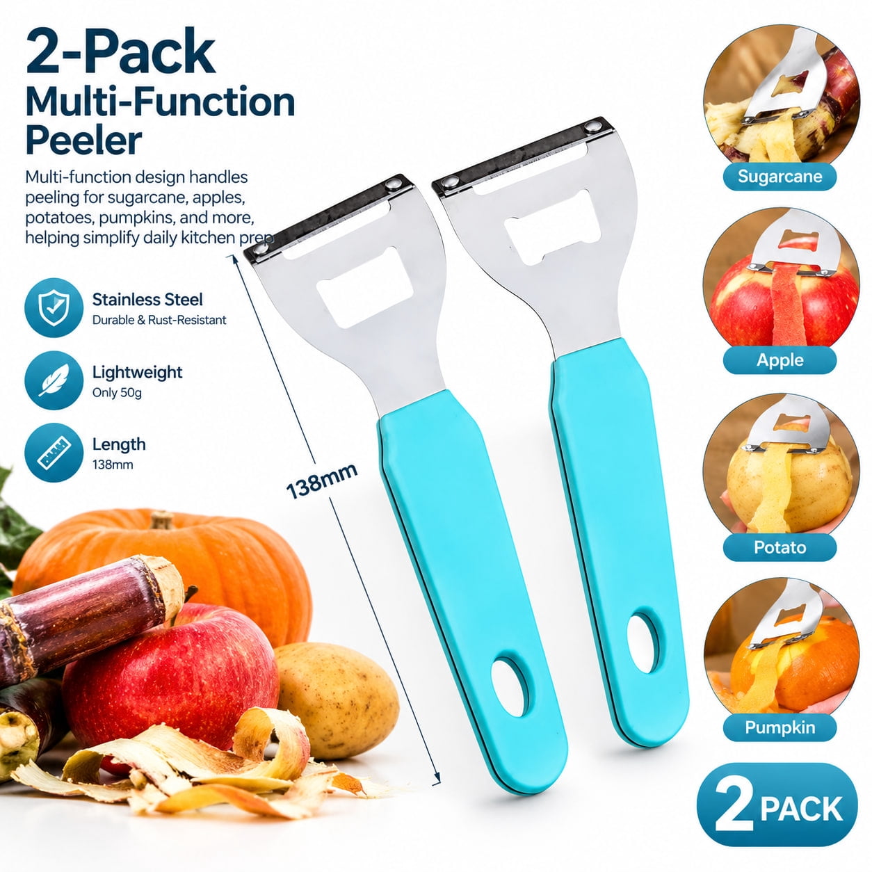 2-Pack Multi-Function Peeler, Stainless Steel Sugarcane Peeler Knife ...