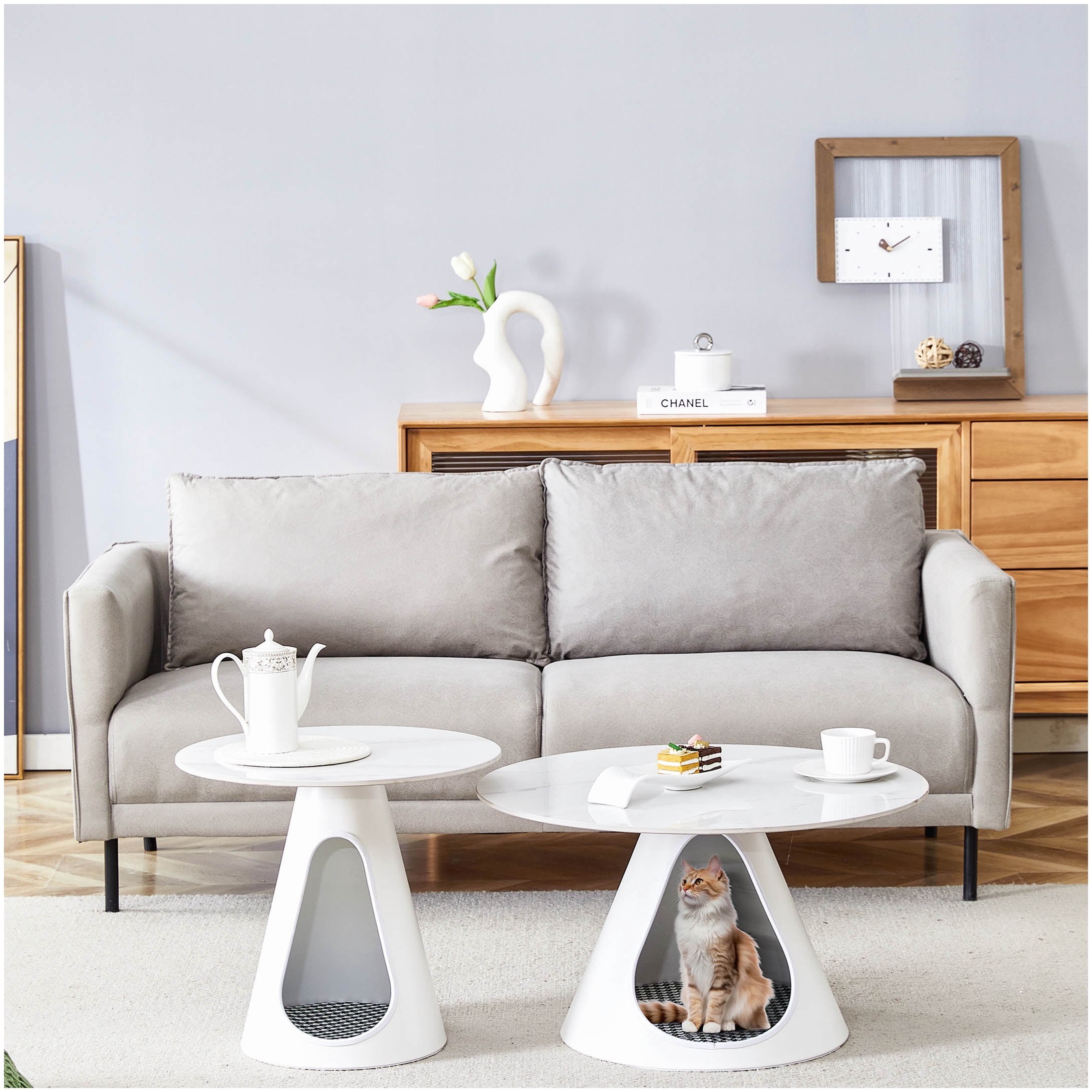 2-Pack Multifunctional Coffee Tables for Cats, Round White Table with ...
