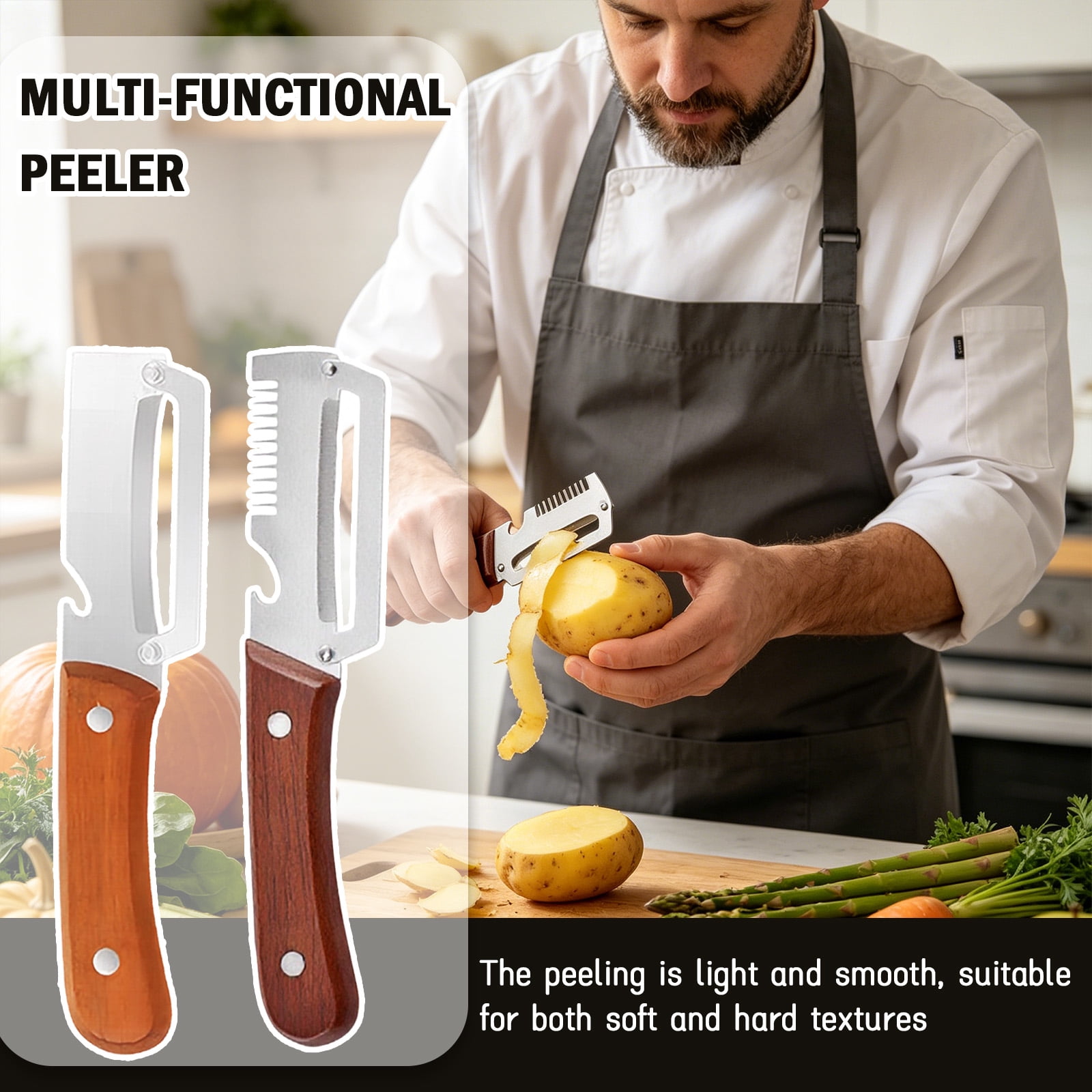 2-Pack Multifunctional Stainless Steel Peeler Set, Wood Handle ...