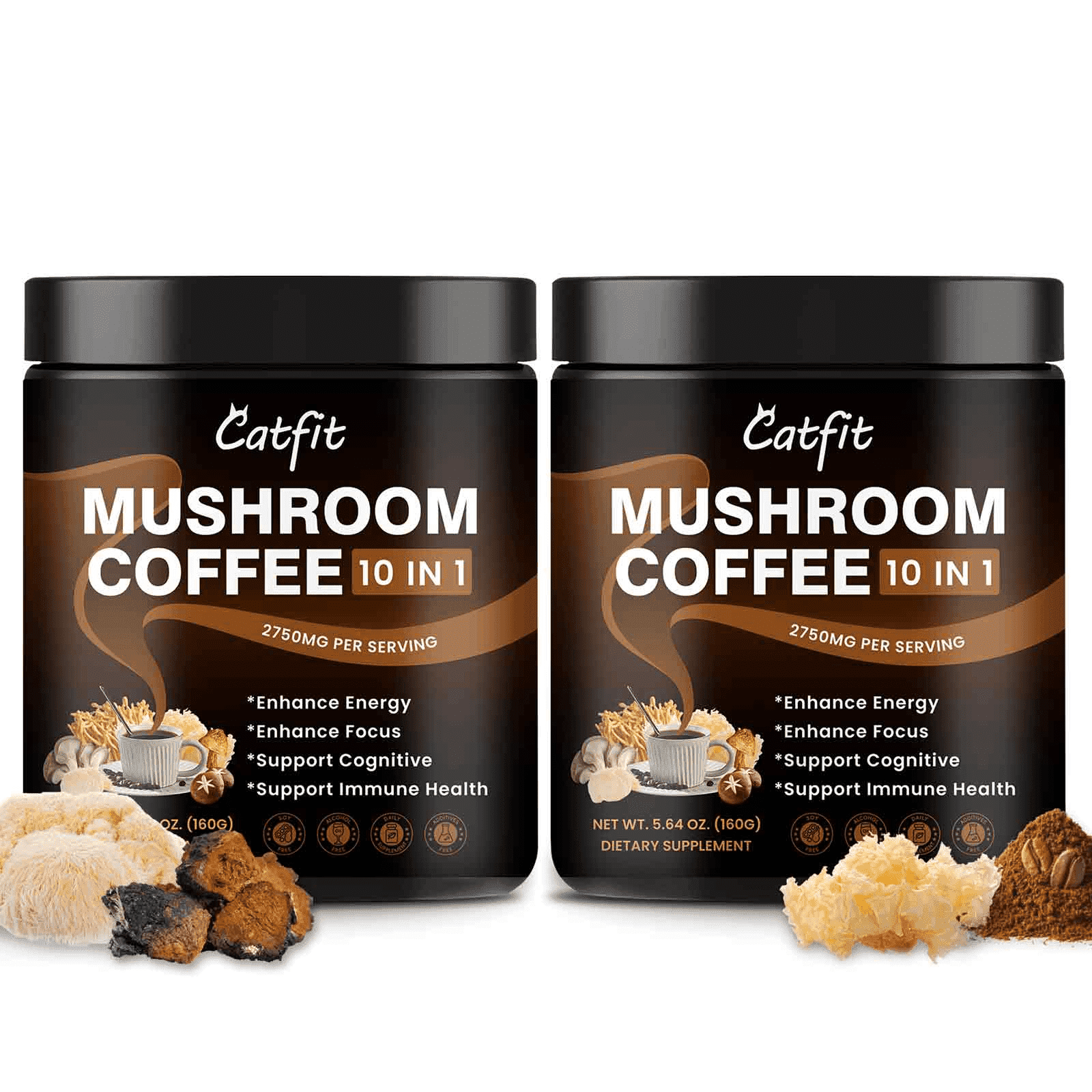 Catfit, Mushroom Coffee Powder, 2750 mg, 10-in-1 Mushroom Complex 160g ...