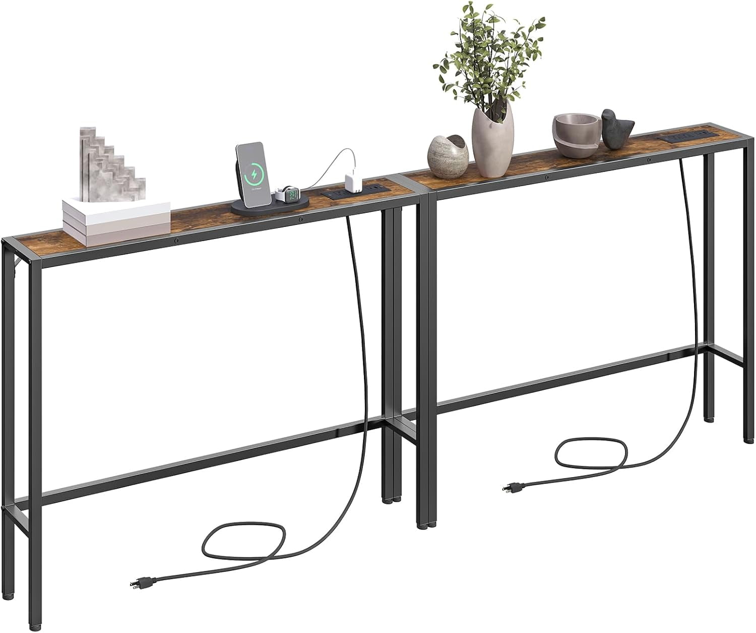 2 Pack Narrow Console Sofa Table with Charging Station, Skinny Behind ...