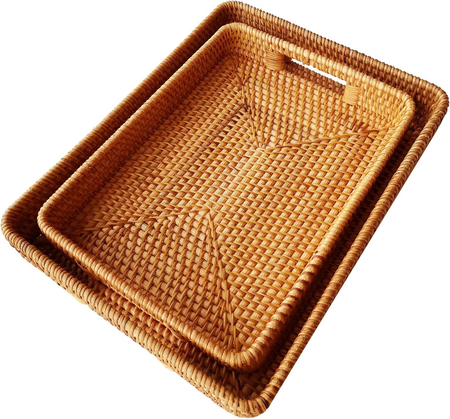 2 Pack Natural Rattan Serving Trays with Handles – Handwoven ...
