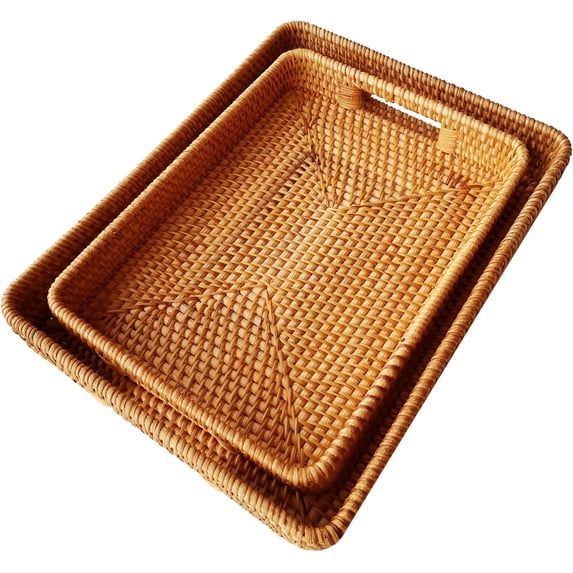 2 Pack Natural Rattan Serving Trays with Handles – Handwoven ...