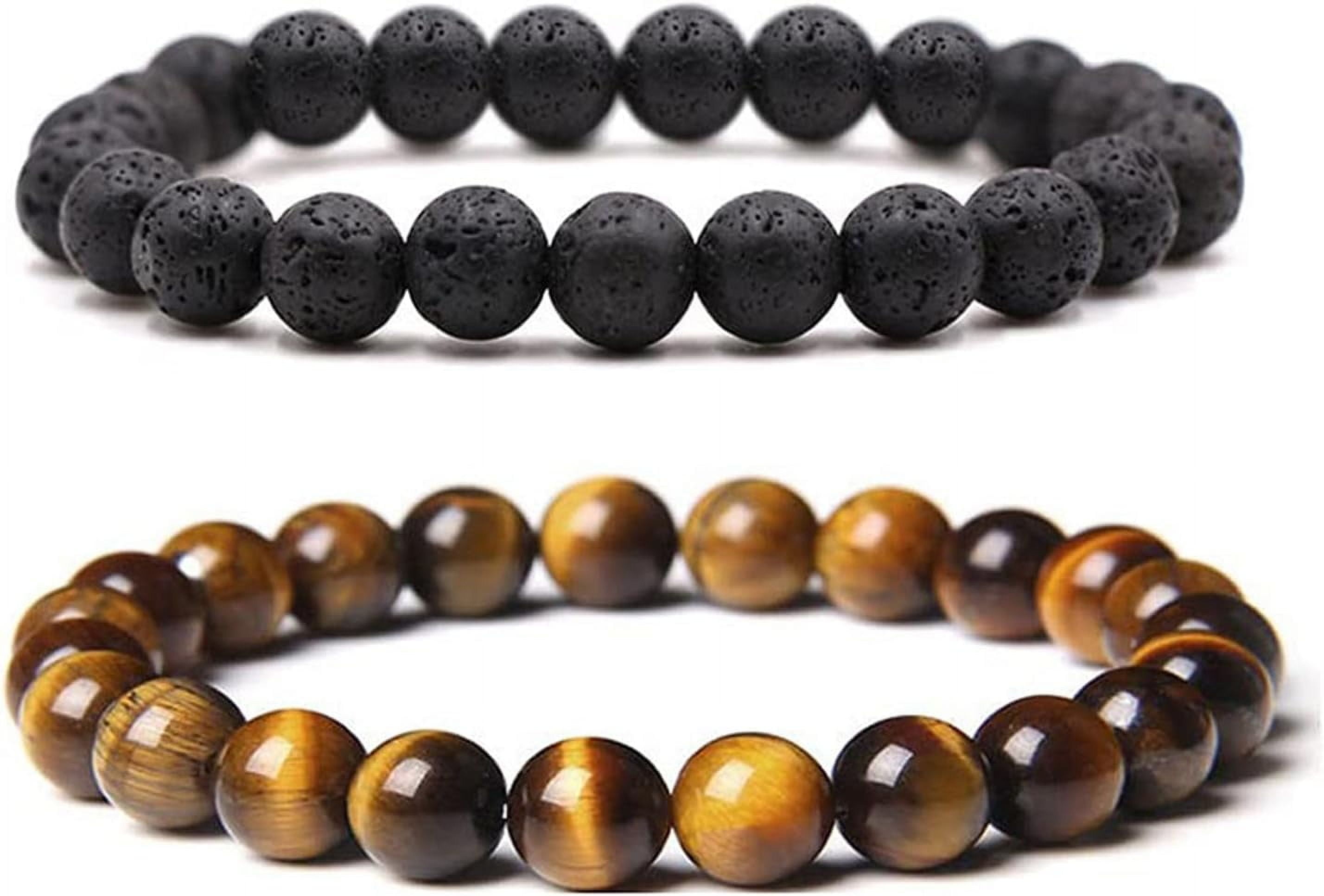 2 Pack Natural Stone Bracelets for Men, 8mm Tiger Eye | Lava Rock ...