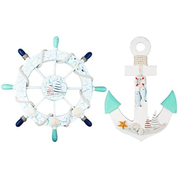 2 Pack Nautical Beach Wooden Ship Wheel and Wooden Anchor with Sailboat ...