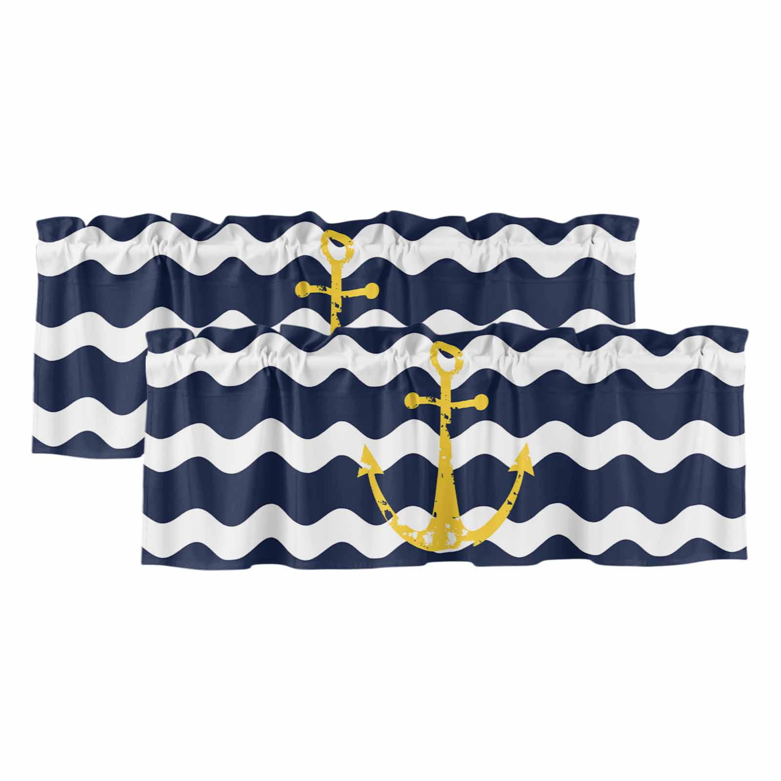 2 Pack Navy Blue Valance for Window Wave Stripes Yellow Nautical Anchor ...