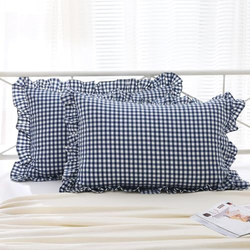 2 Pack Navy Blue and White Plaid Ruffle Gingham King Size Pillow Shams ...