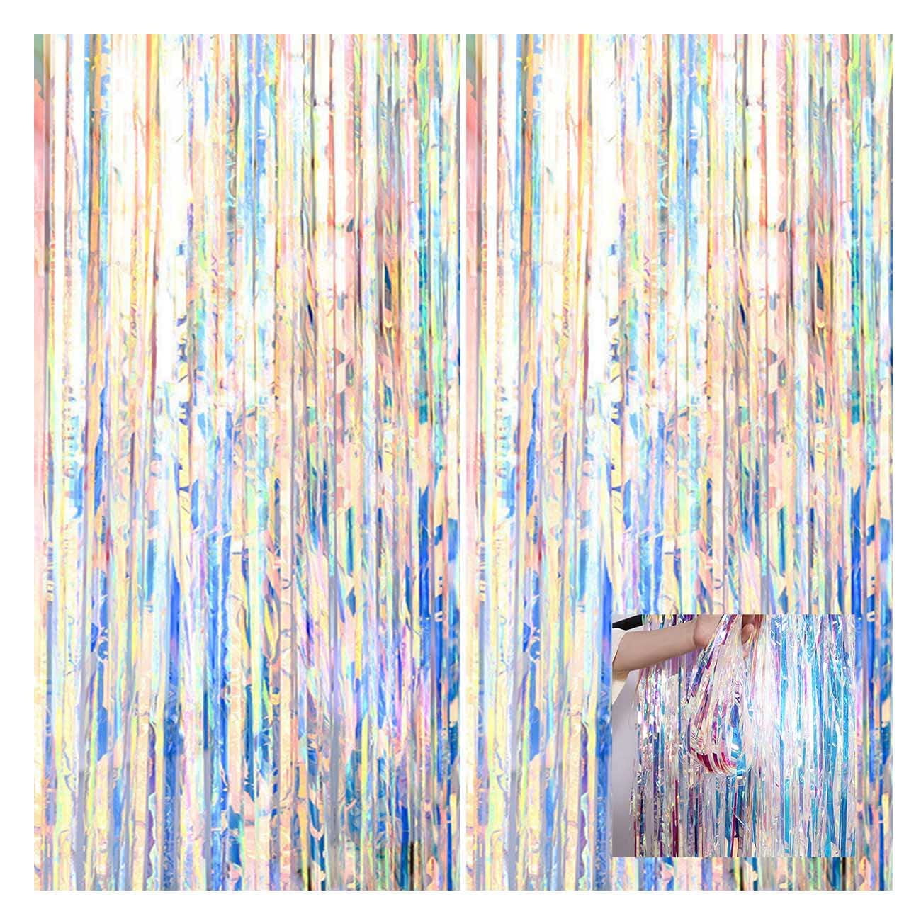 2 Pack Neon Clear Foil Tinsel Curtain(3.2ftx 8.2ft),Iridescent Glitter ...