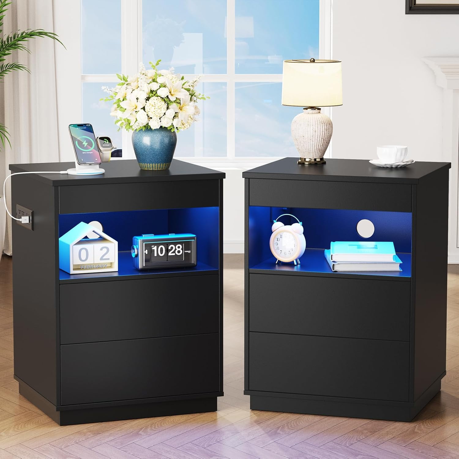 2 Pack Nightstand Set with Hidden Compartment & USB/Type-C Charging ...