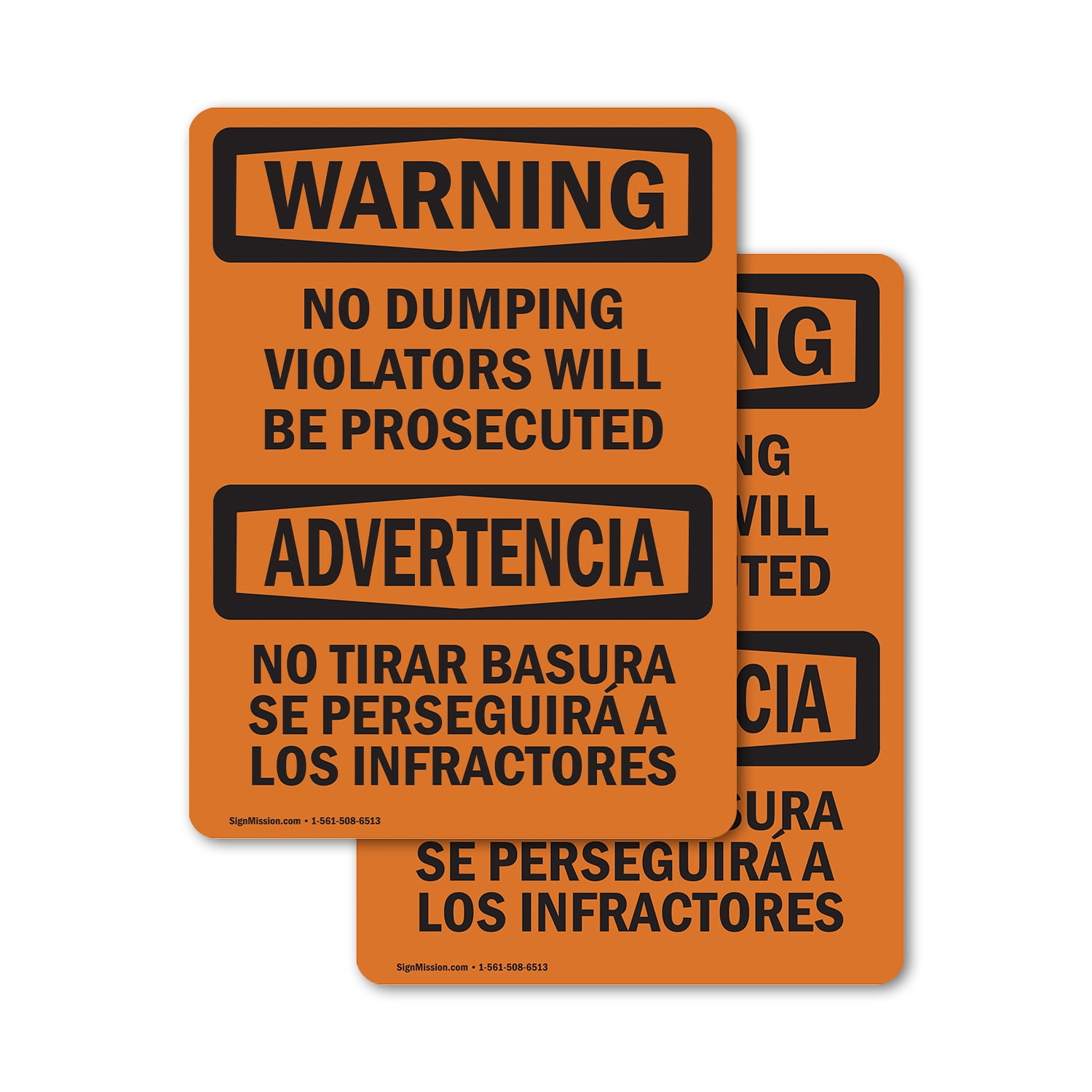 (2 Pack) No Dumping Violators Prosecuted Bilingual OSHA Warning Sign ...