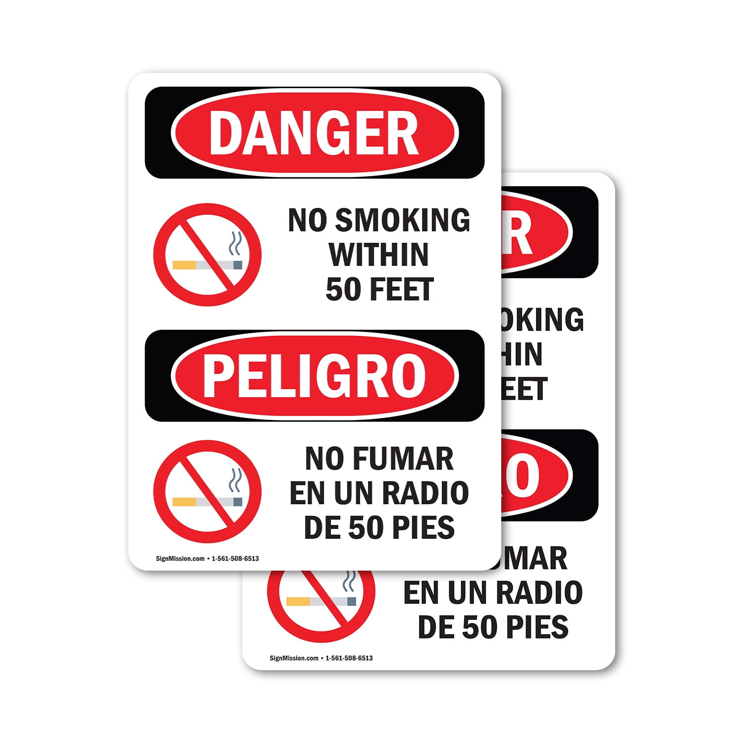 (2 Pack) No Smoking Within 50 Feet Bilingual OSHA Danger Sign - Walmart.com