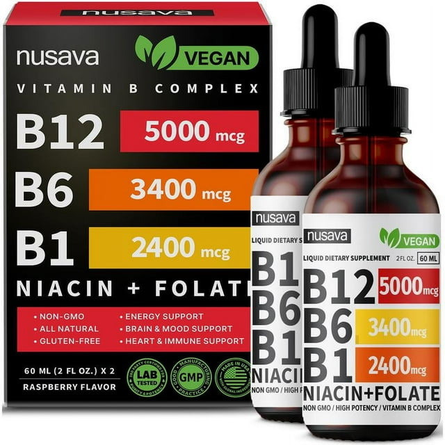 (2-Pack) Nusava Vitamin B12 Liquid Drops with B6, B1, Niacin, & Folate ...