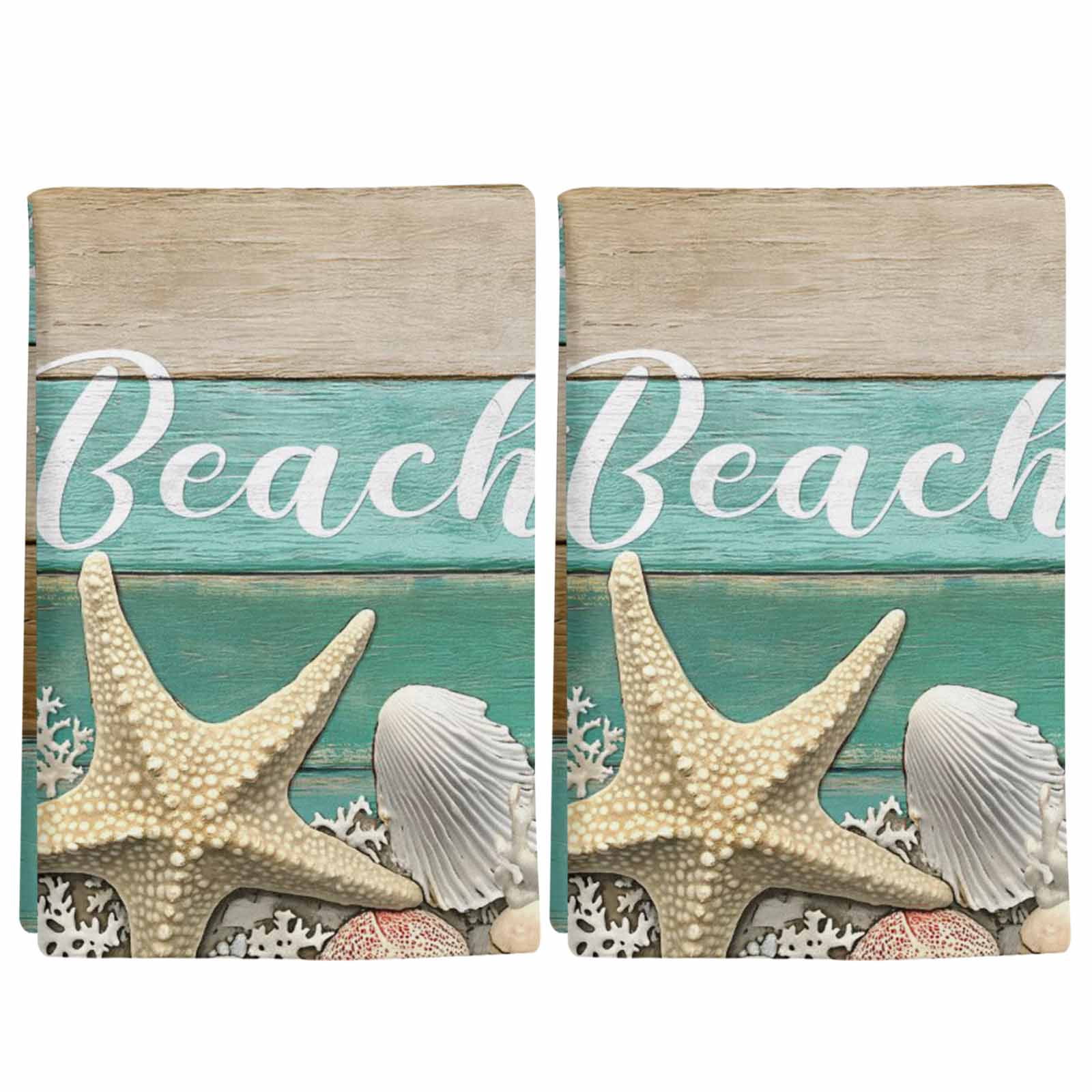 2 Pack Ocean Beach Kitchen Towels Starfish Shell Coral Teal Brown Ombre ...