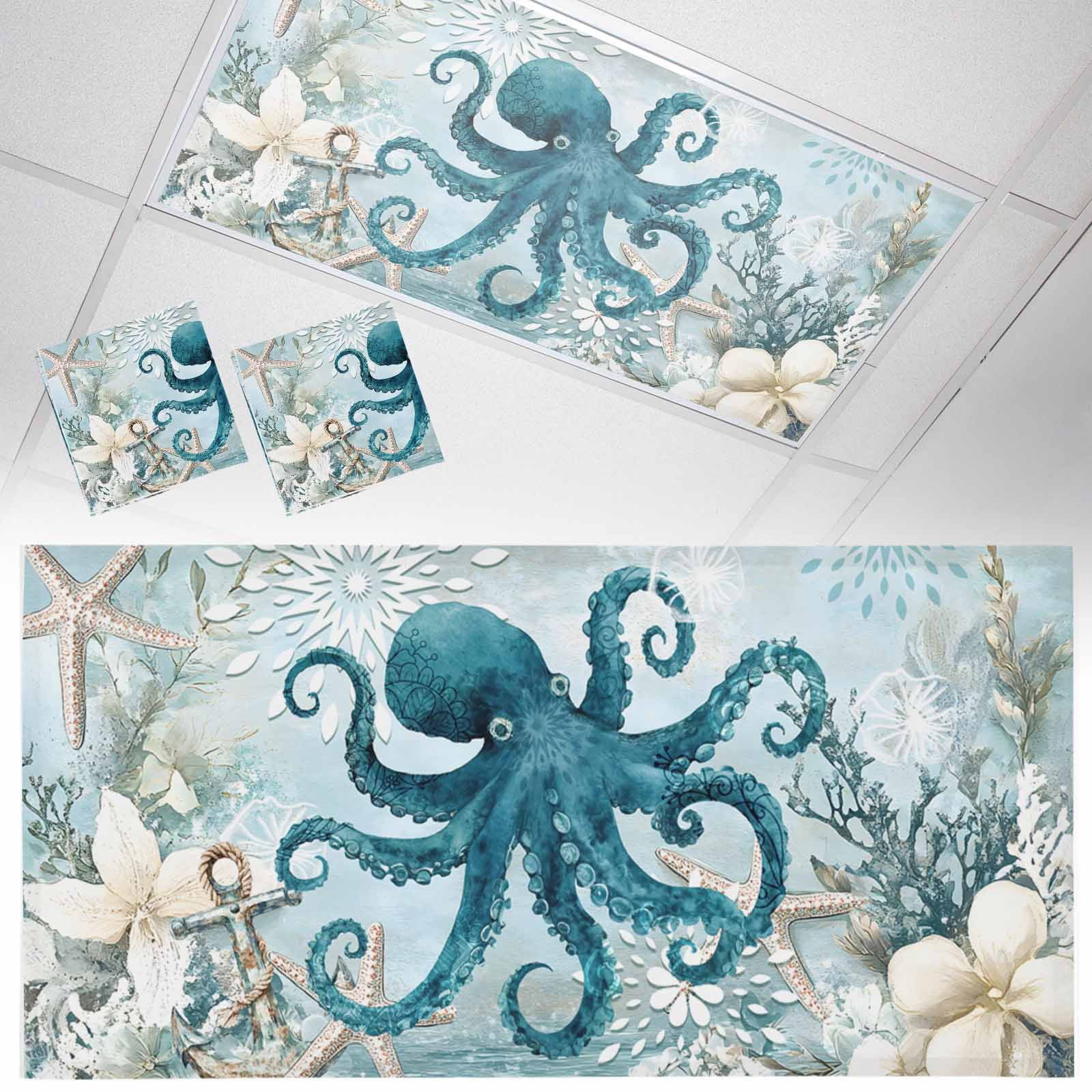 2 Pack Ocean Octopus Starfish Anchor Fluorescent Light Covers for Ceiling Lights Retro Coral ...