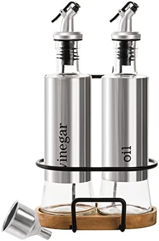 2 Pack Olive Oil and Vinegar Bottle Set with Rack and Wooden Base, 10OZ ...