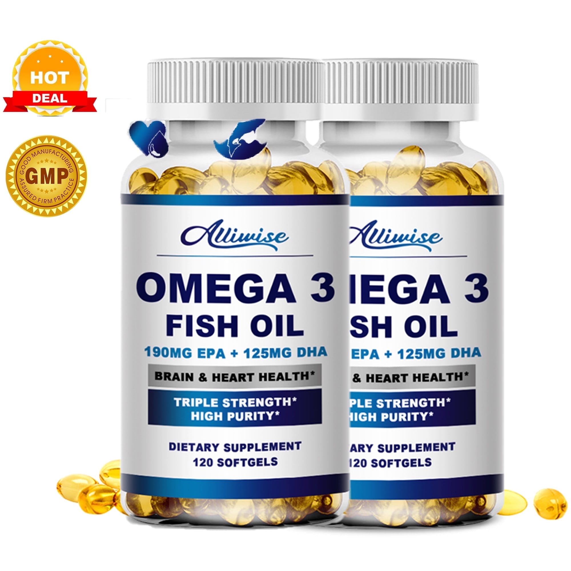 (2 Pack)Fish Oil 1000 mg Softgels, Fish Oil Supplements, Omega 3 Fish ...