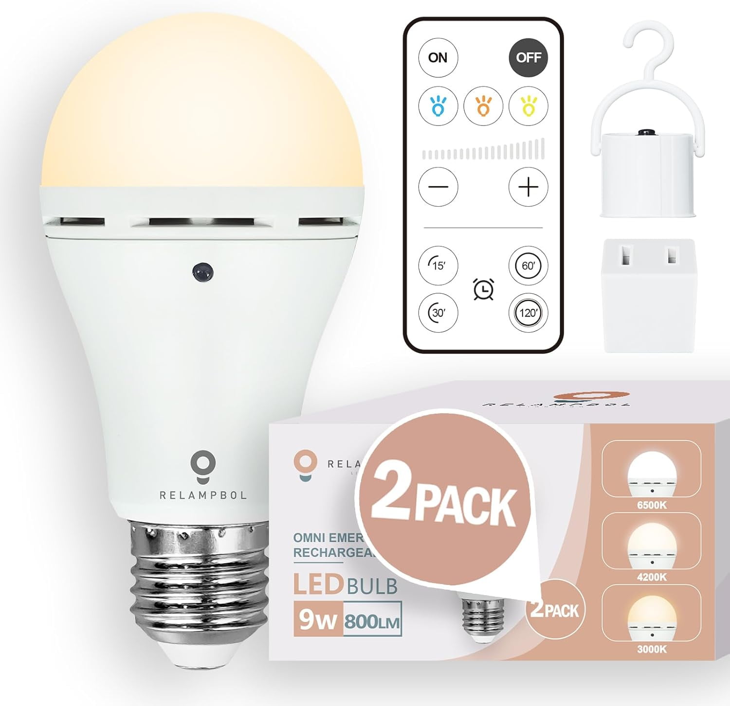 2 Pack Omni Rechargeable Emergency Light Bulbs with Remote, Battery ...