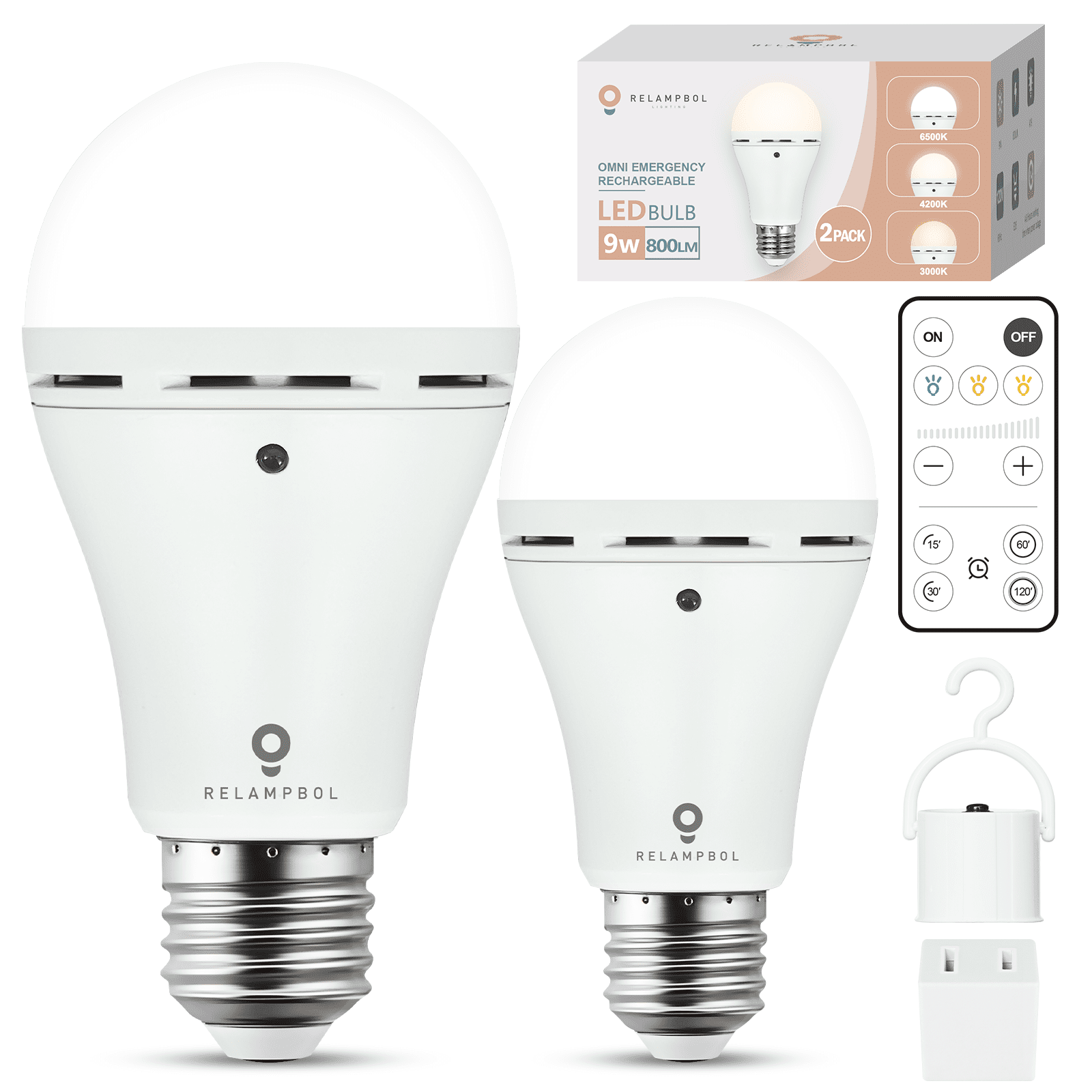 2 Pack Omni Rechargeable Emergency Light Bulbs with Remote, Battery ...
