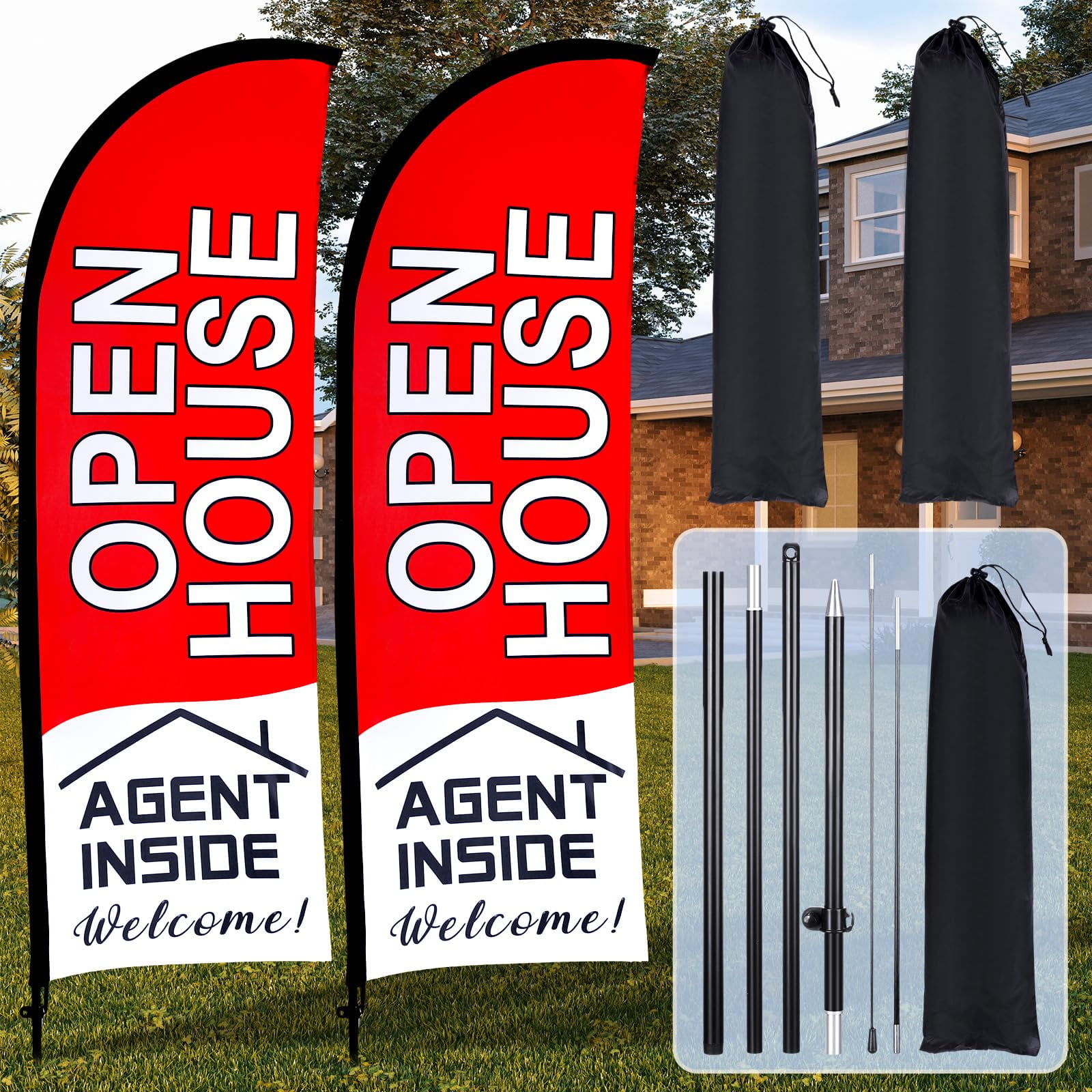 2 Pack Open House Flags Signs for Real Estate Agents 7x5.4 Ft Feather ...