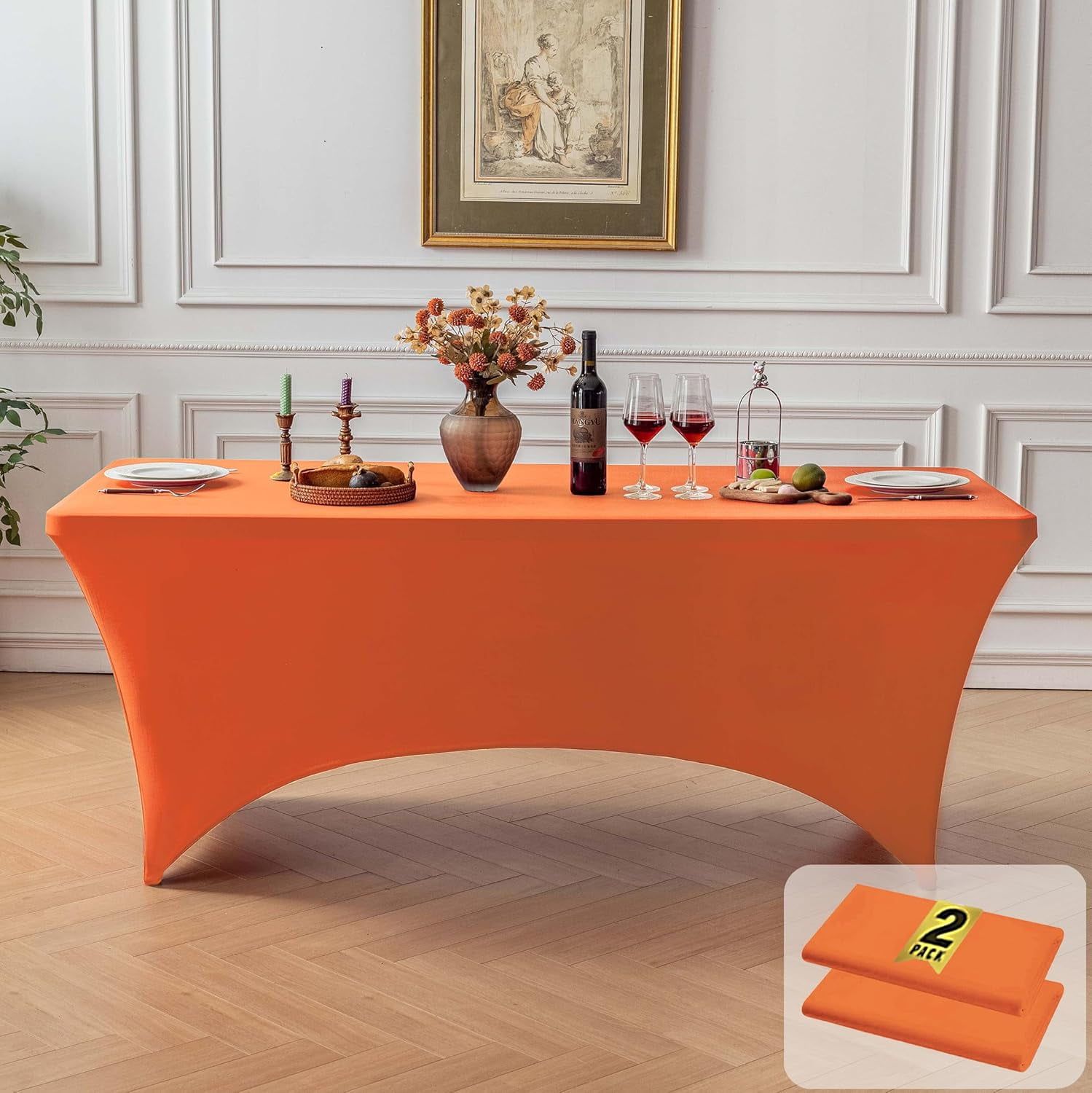 2 Pack Orange 8FT Fitted Spandex Tablecloth, Waterproof Wrinkle-Free ...