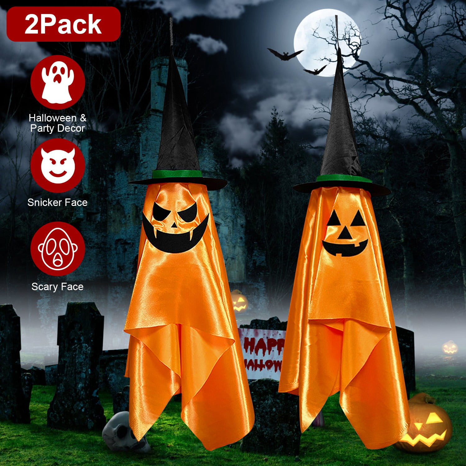 2 Pack Orange Pumpkin Wizard Hat, iMounTEK Hanging Pumpkin Witch Hats ...